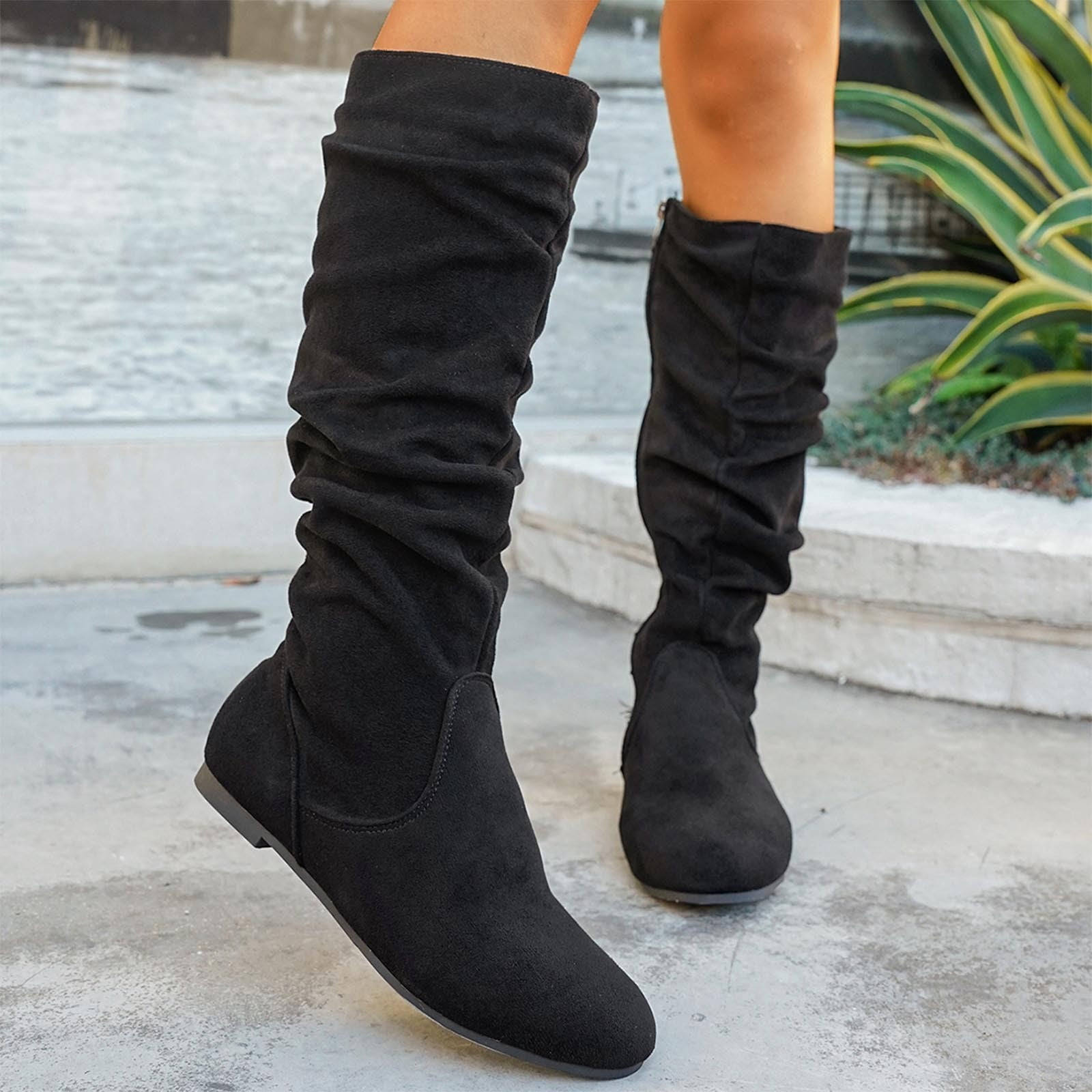XUNKUSGA Boots for Women Solid Color Knee High Boots Fashion Faux ...