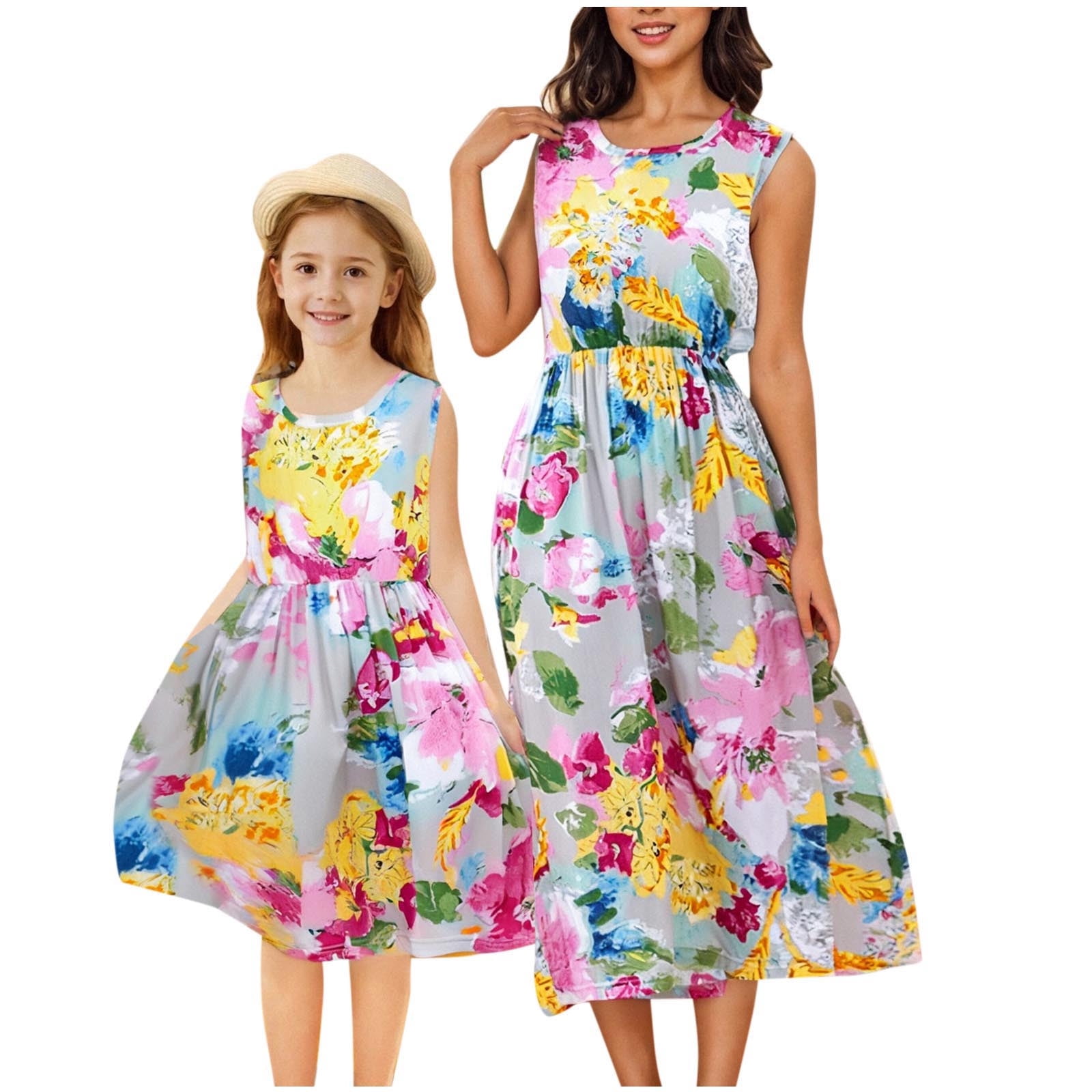 XUNKUSGA Mommy and Me Dresses Floral Dress Sleeveless Printed Sundress ...