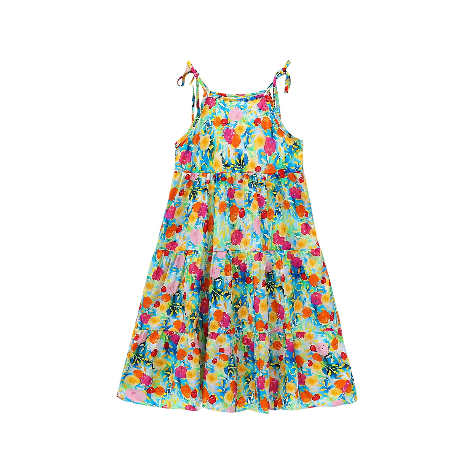 XUNKUSGA Girls Beach Sundresses Ruffle Floral Spaghetti Strap Dresses ...