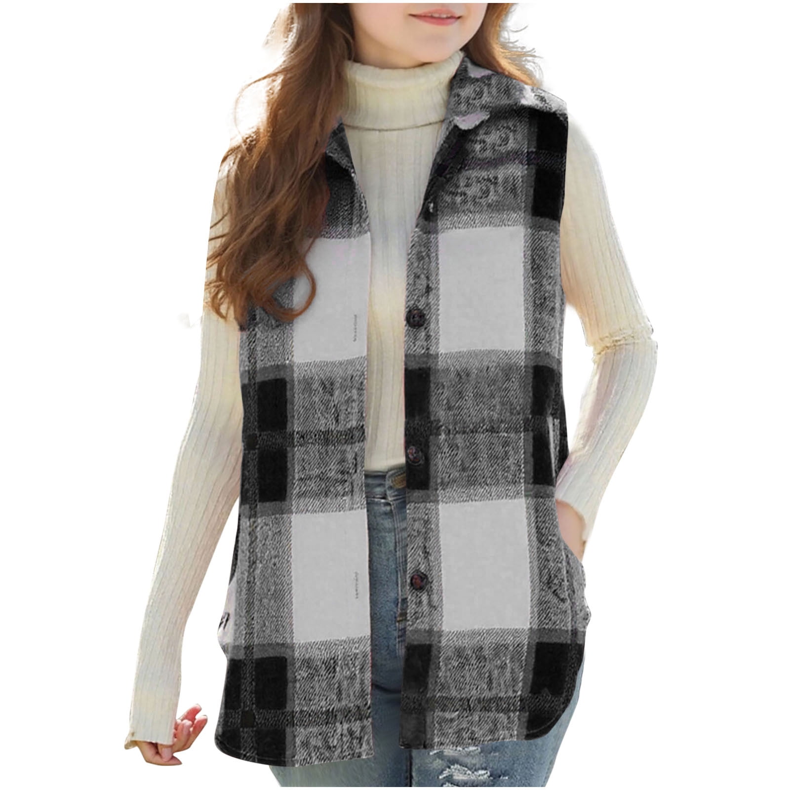 XUNKUSGA Girls Fall Jacket 5-15 Years Fashion Plaid Long Vest Jacket ...