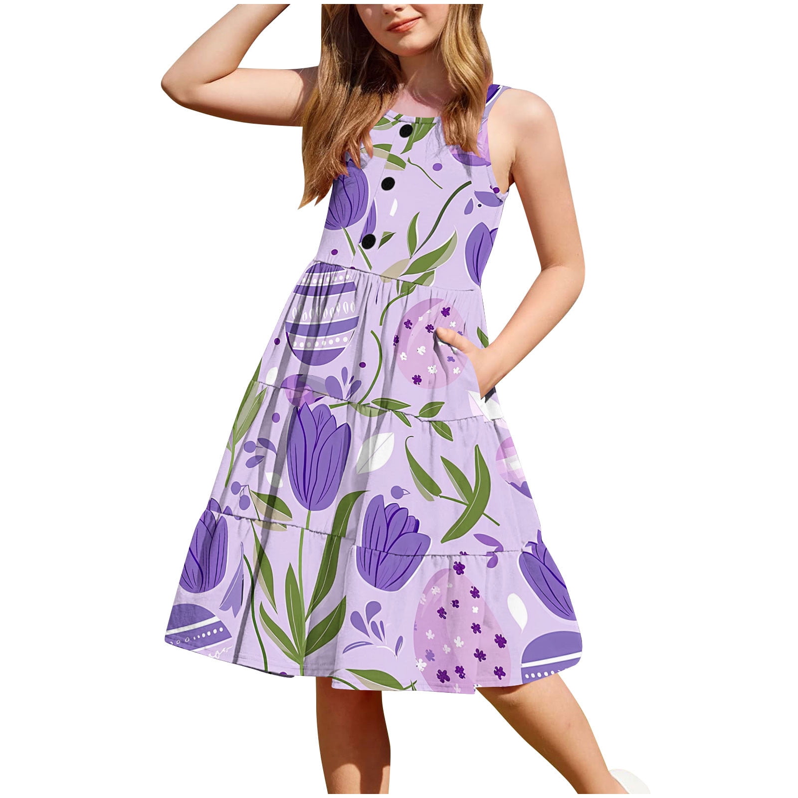 XUNKUSGA Girls Summer Dresses Casual Floral Boho Square Neck Midi Dress ...
