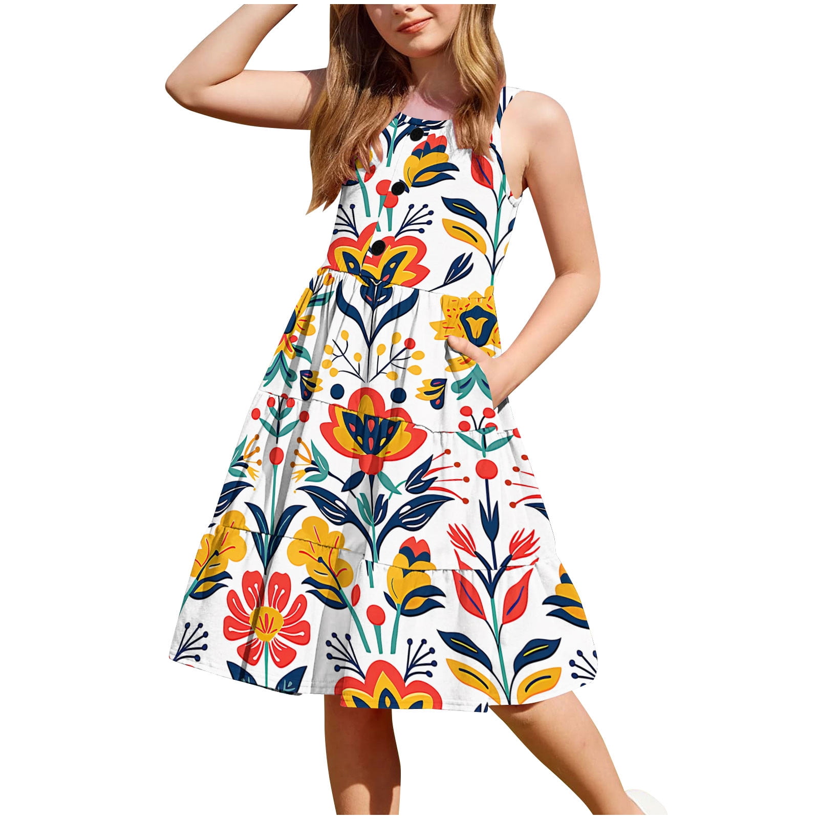 XUNKUSGA Girls Summer Dresses Casual Floral Boho Square Neck Midi Dress ...
