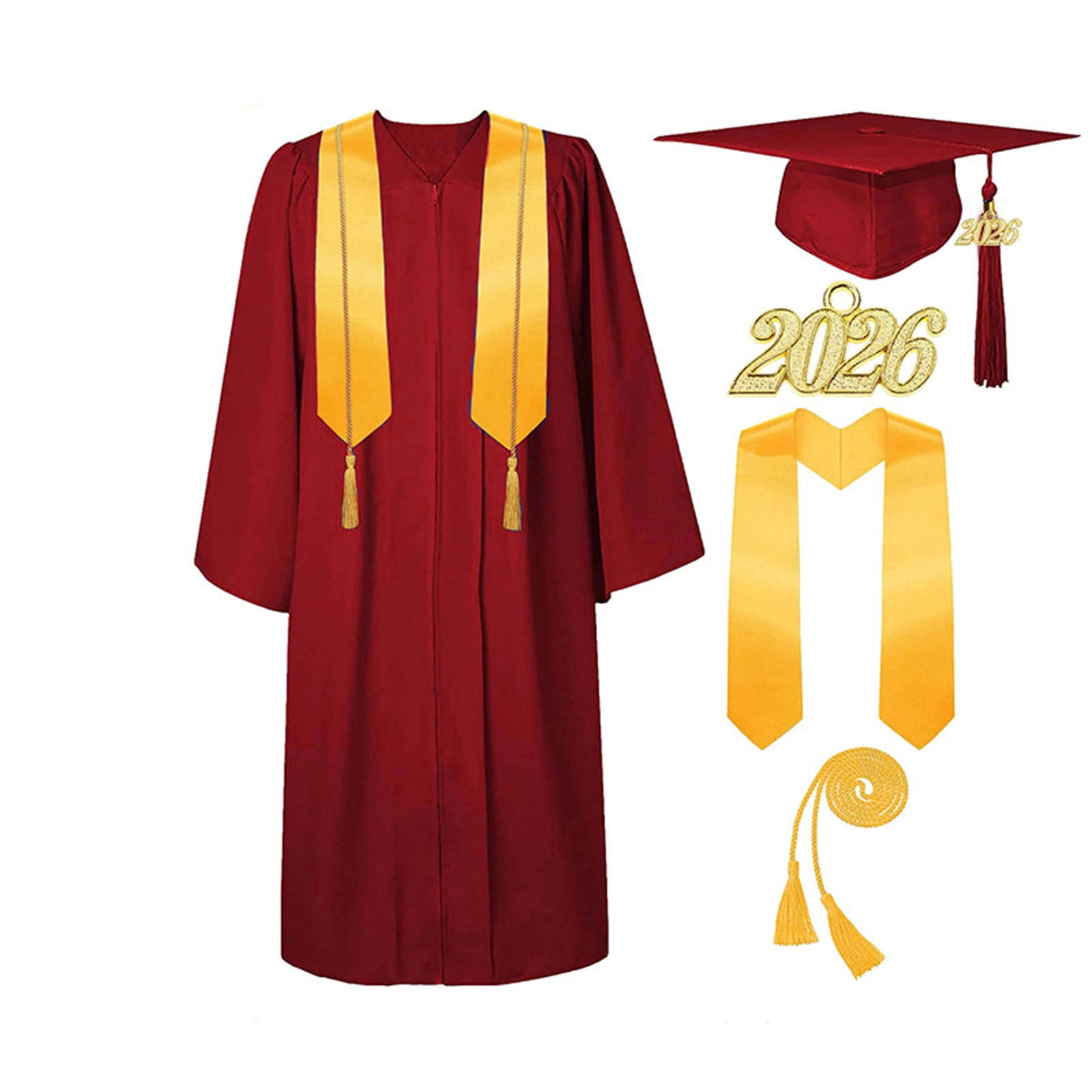 XUNKUSGA Graduation Cap and Gown With Honor Cord Gold Stoles Set for ...