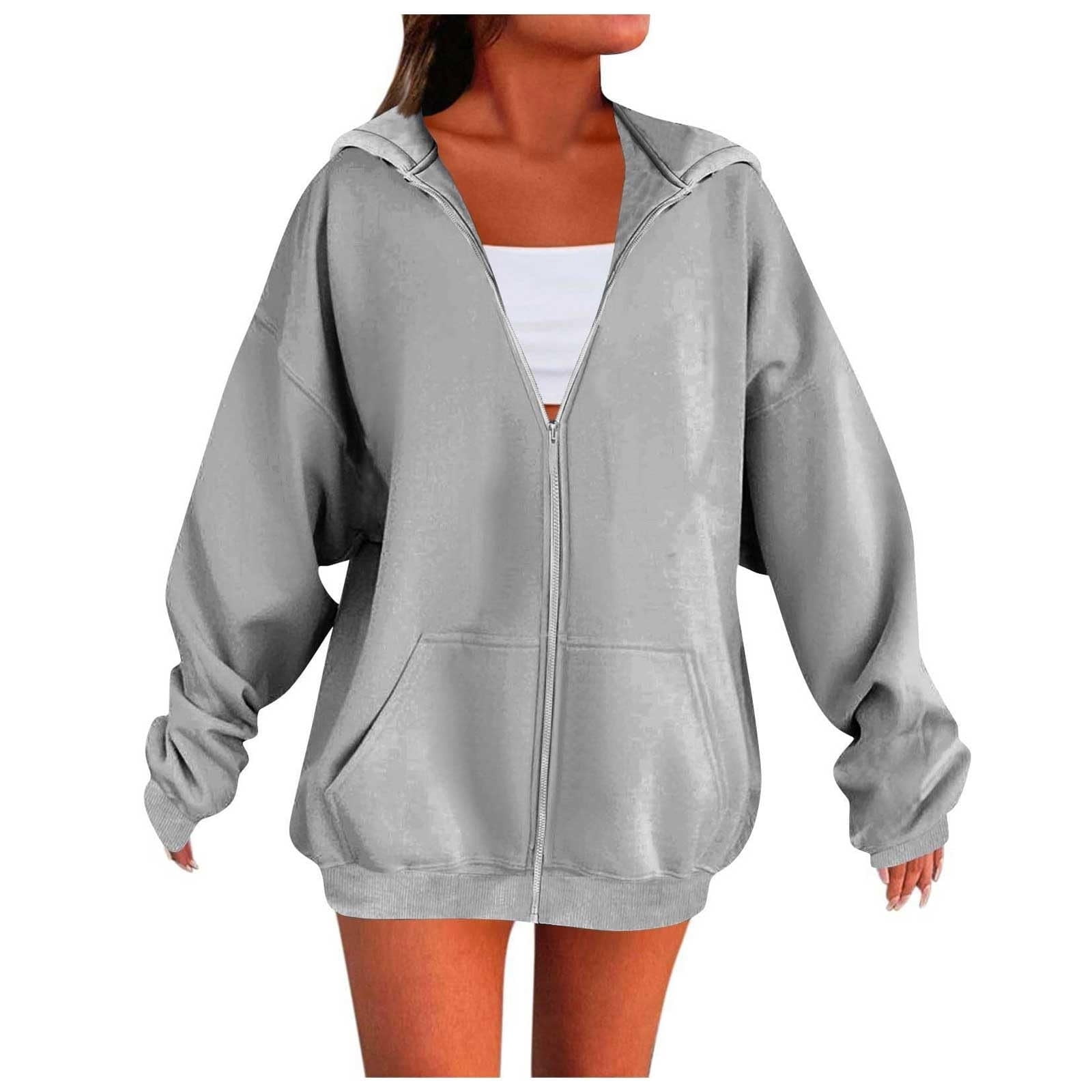 XUNKUSGA Hoodies For Women Zip Up Lightweight Solid Color Long Sleeve ...