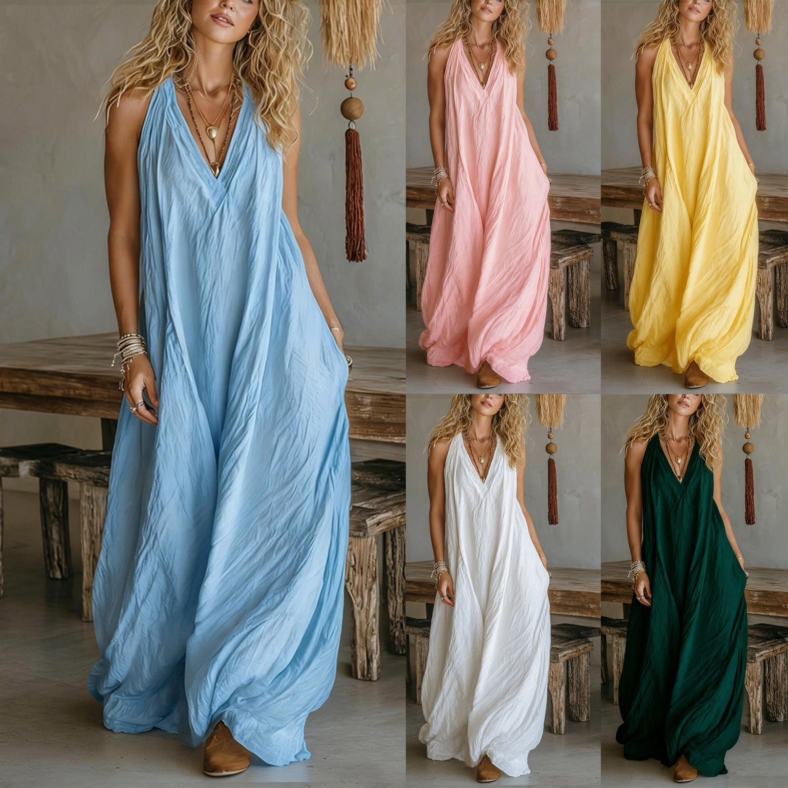 XUNKUSGA Maxi Dresses for Women Soft Cotton Linen Halter Deep V Neck ...