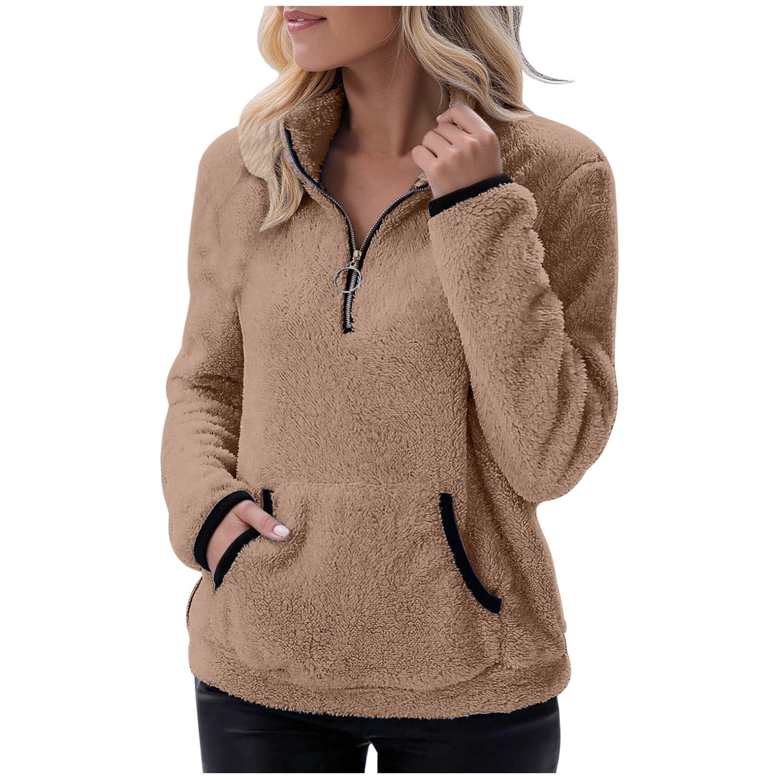 XUNKUSGA Quarter Zip Pullover Women Fleece Fuzzy Oversized Sweatshirt ...