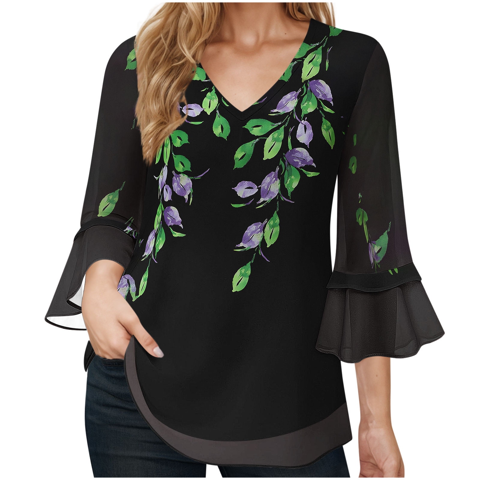 XUNKUSGA Womens Summer Blouse Ruffle 3/4 Sleeve Plus Size Tops Chiffon ...