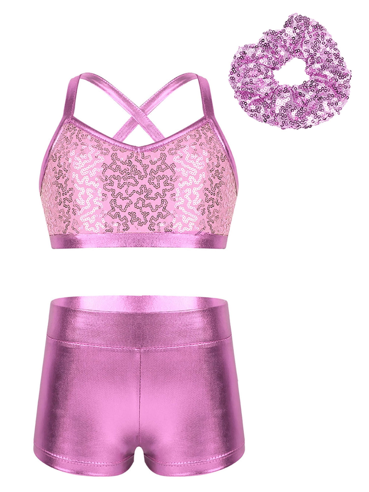 XUNZOO 3Pcs Girls Metallic Dance Outfit Kids Sport Crop Top Bra with ...