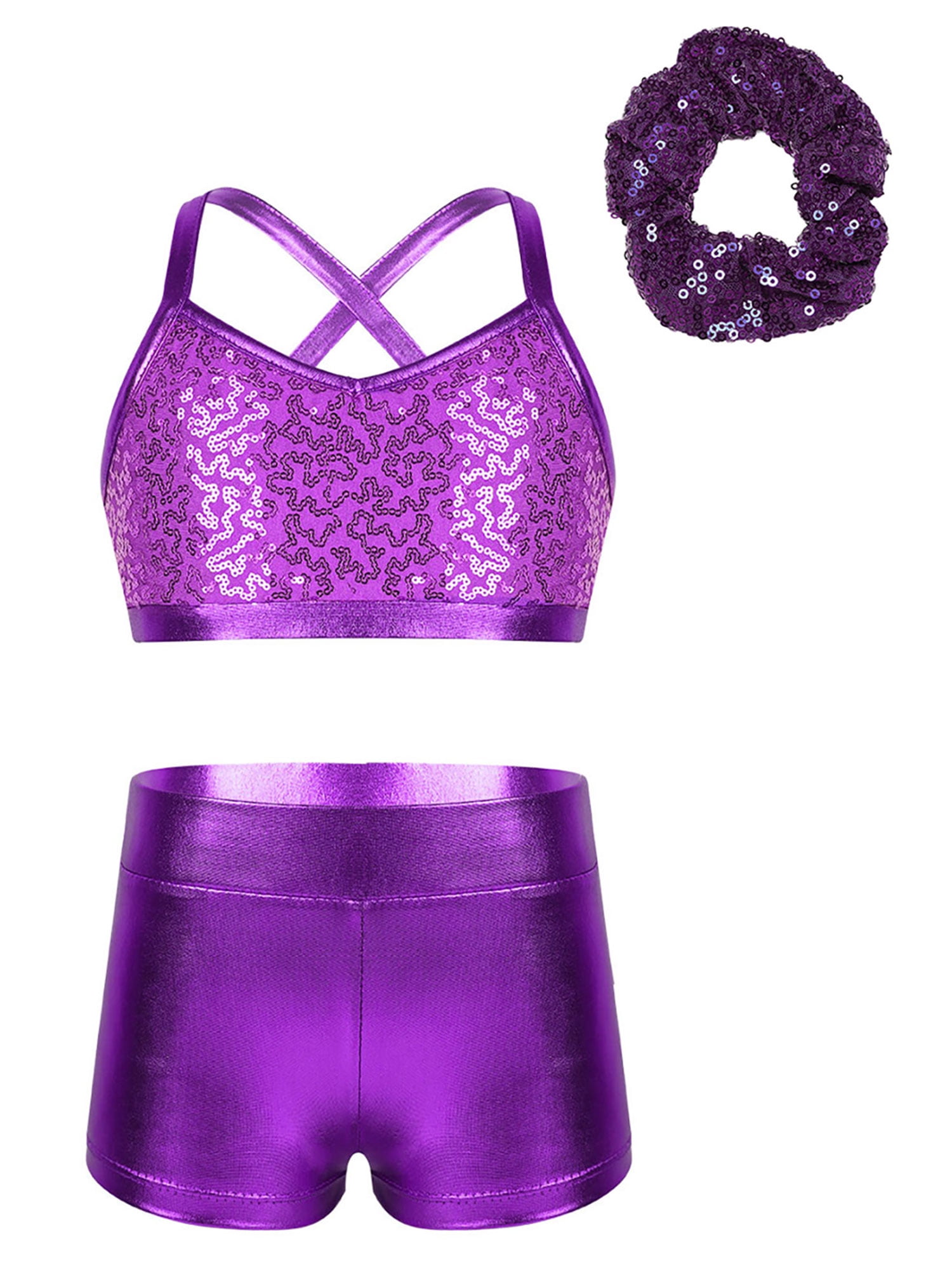 XUNZOO 3Pcs Girls Metallic Dance Outfit Kids Sport Crop Top Bra with ...
