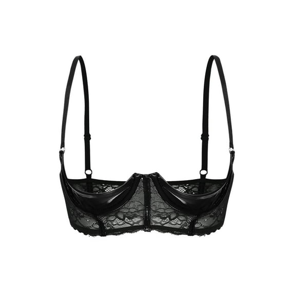 XUNZOO Women Lace Latex Spliced 1/4 Cups Balconette Bralette Padded Underwire Shelf Bra Black XL ...