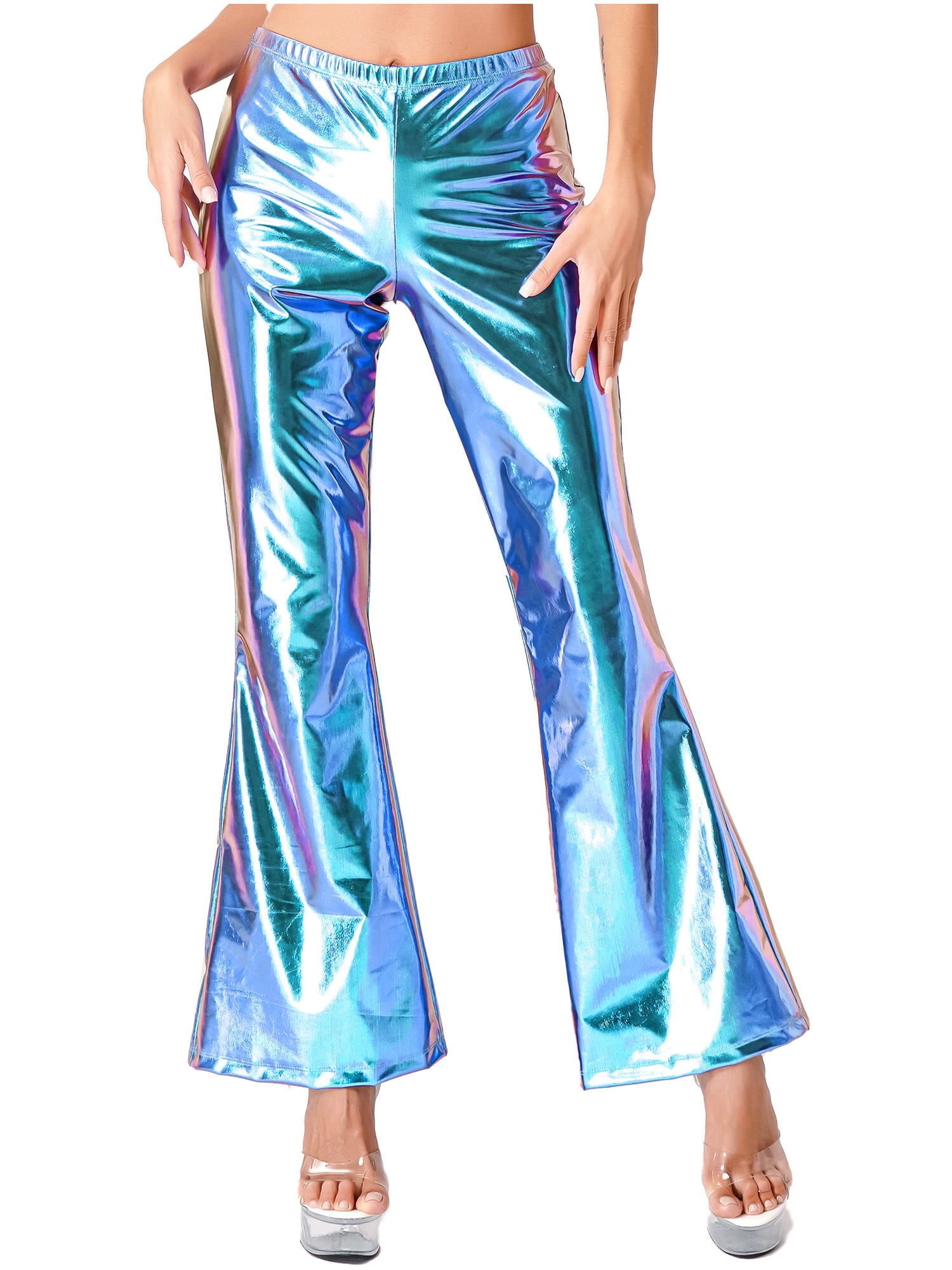 XUNZOO Womens Shiny Metallic Bell Bottom Flared Pants Wide Leg Trousers ...