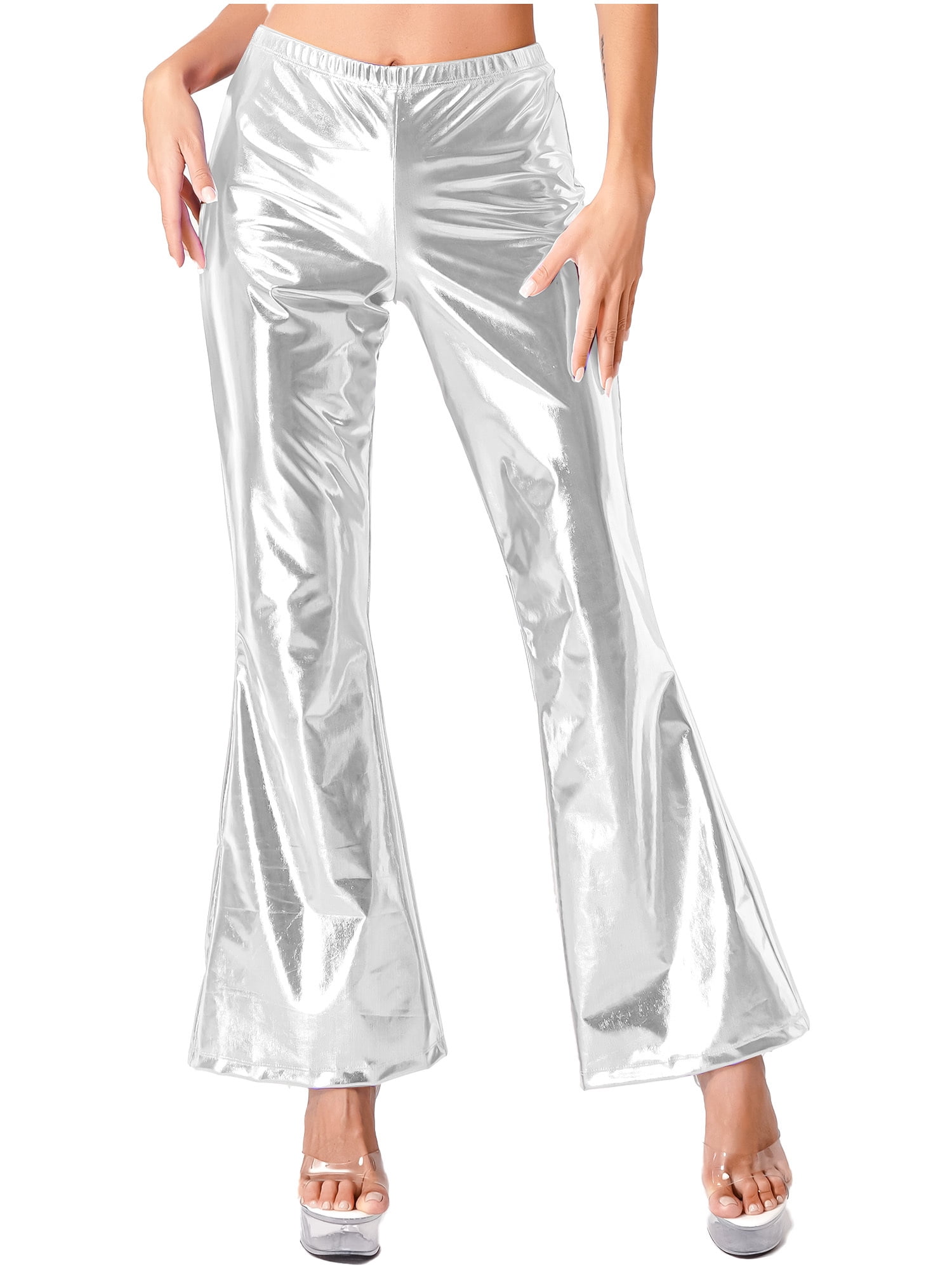 XUNZOO Womens Shiny Metallic Bell Bottom Flared Pants Wide Leg Trousers ...
