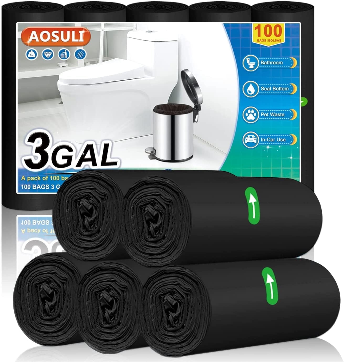XUXRUS 3 Gallon Trash Bags, Durable Waste Basket Liners for Bathroom ...