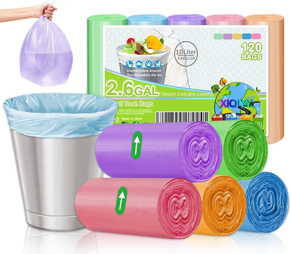 Biodegradable Small Trash Bags, 2.6 Gallon Colorful Garbage Bags, 120 ...