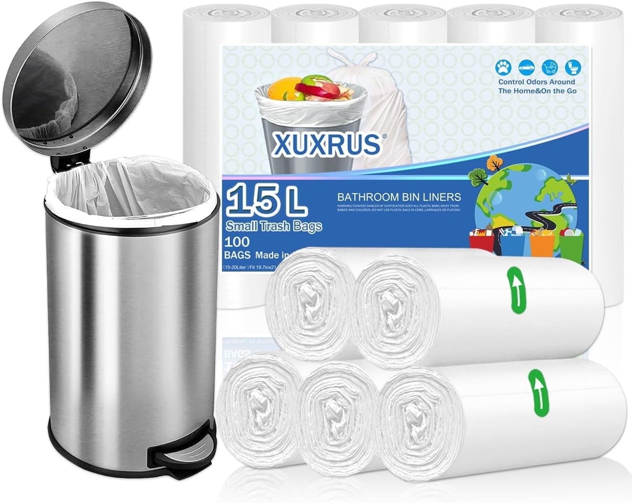 XUXRUS Bin Bags 15L Small Pedal Bin Liners 100 Counts Waste Bin Bags 4 ...