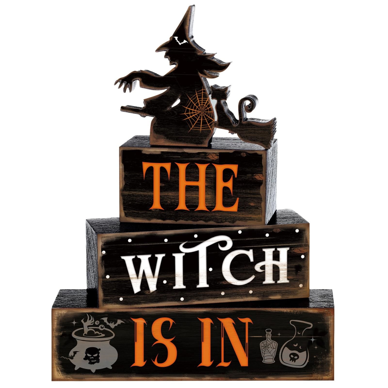 XUYAN 4 Pcs Halloween Table Decor Witch Wooden Sign Halloween Tray ...