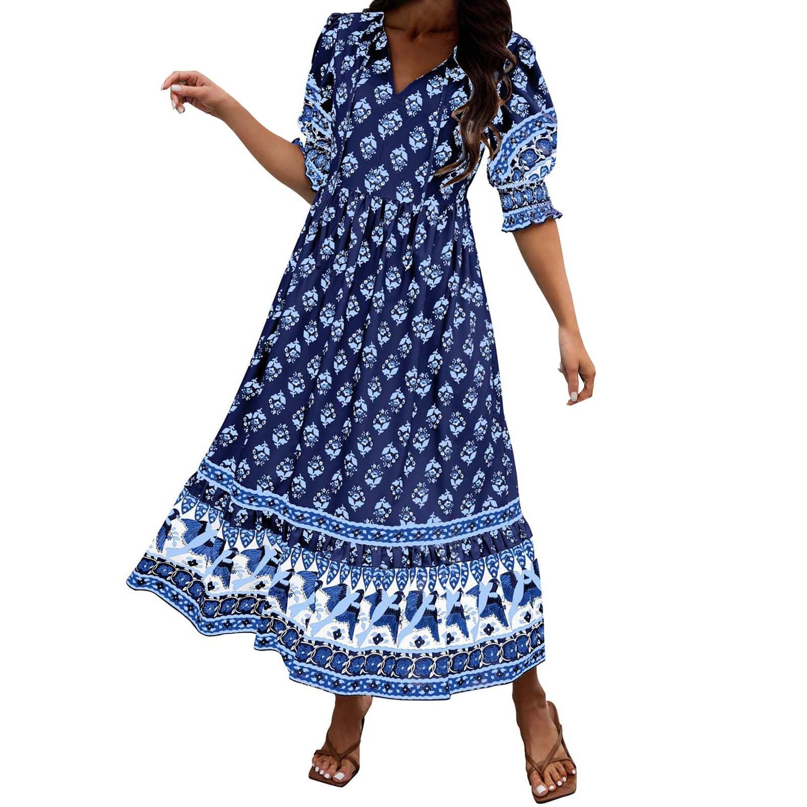 XVJRHAK Women Floral Printed Flutter Sleeve V Neck Sundress Boho Dress ...