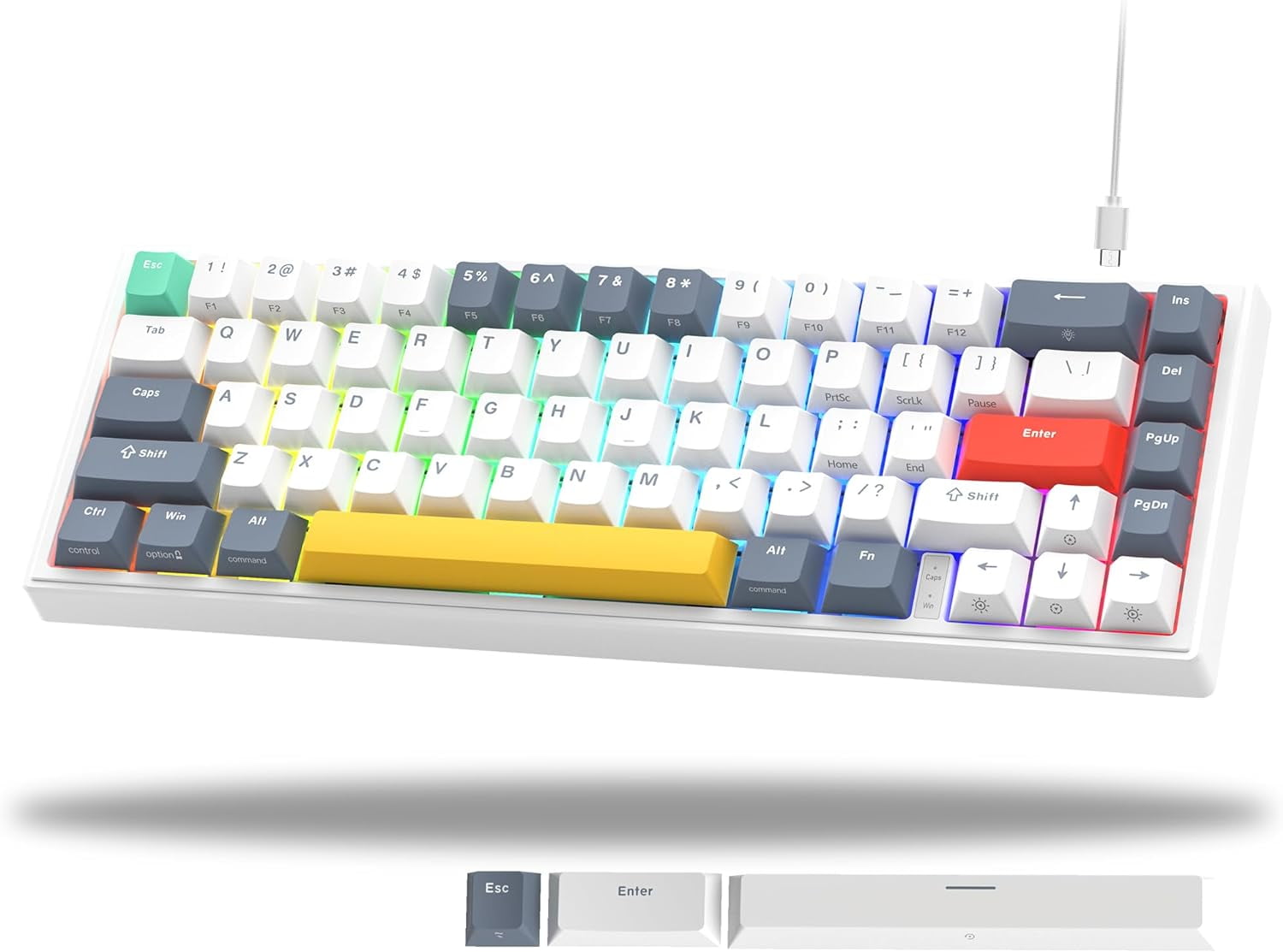 XVX 60% White Mechanical Keyboard, V-K66 with LED Backlit, Arrow Keys ...