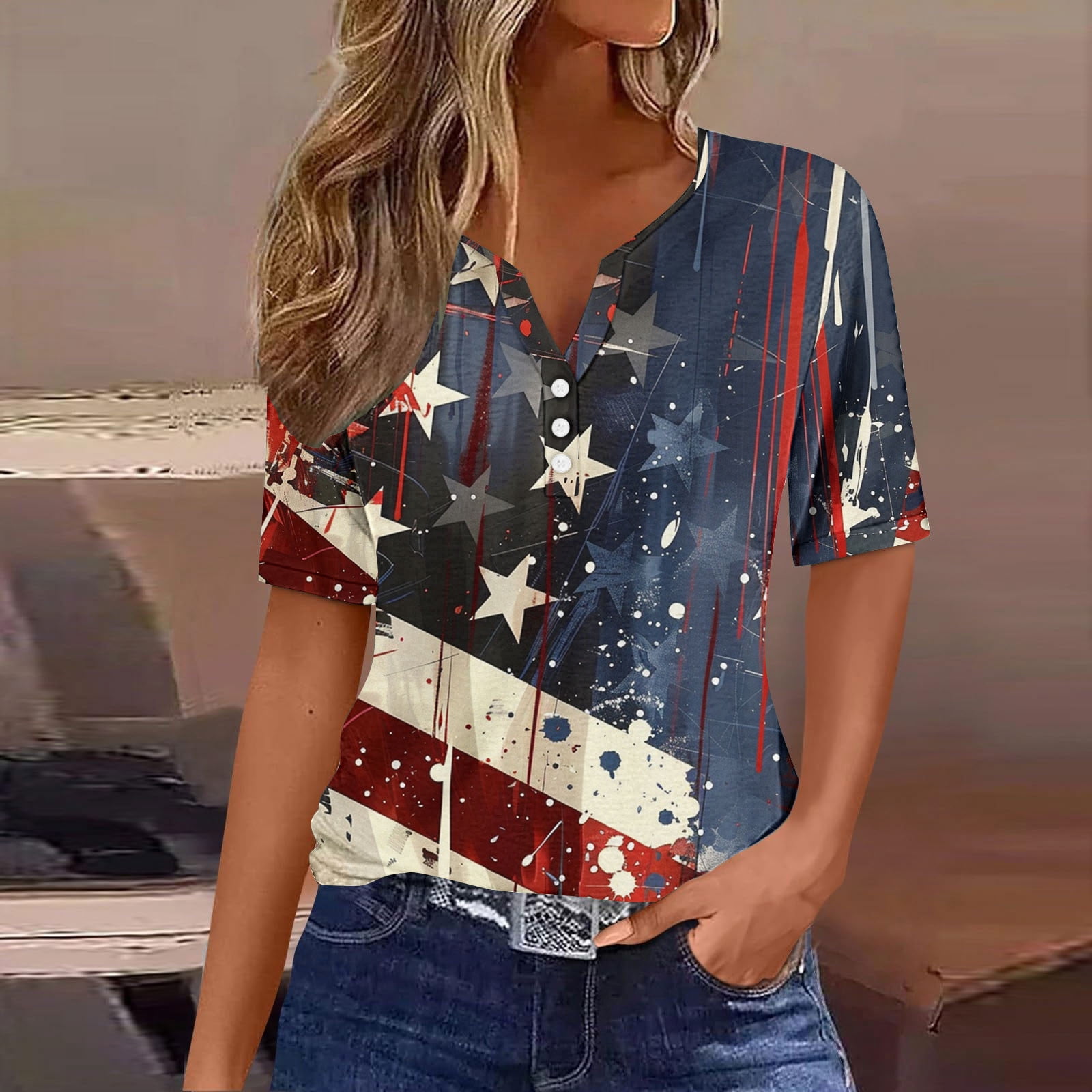 XWSHYW Fourth of July Shirts for Women Loose Fit V Neck USA Flag ...