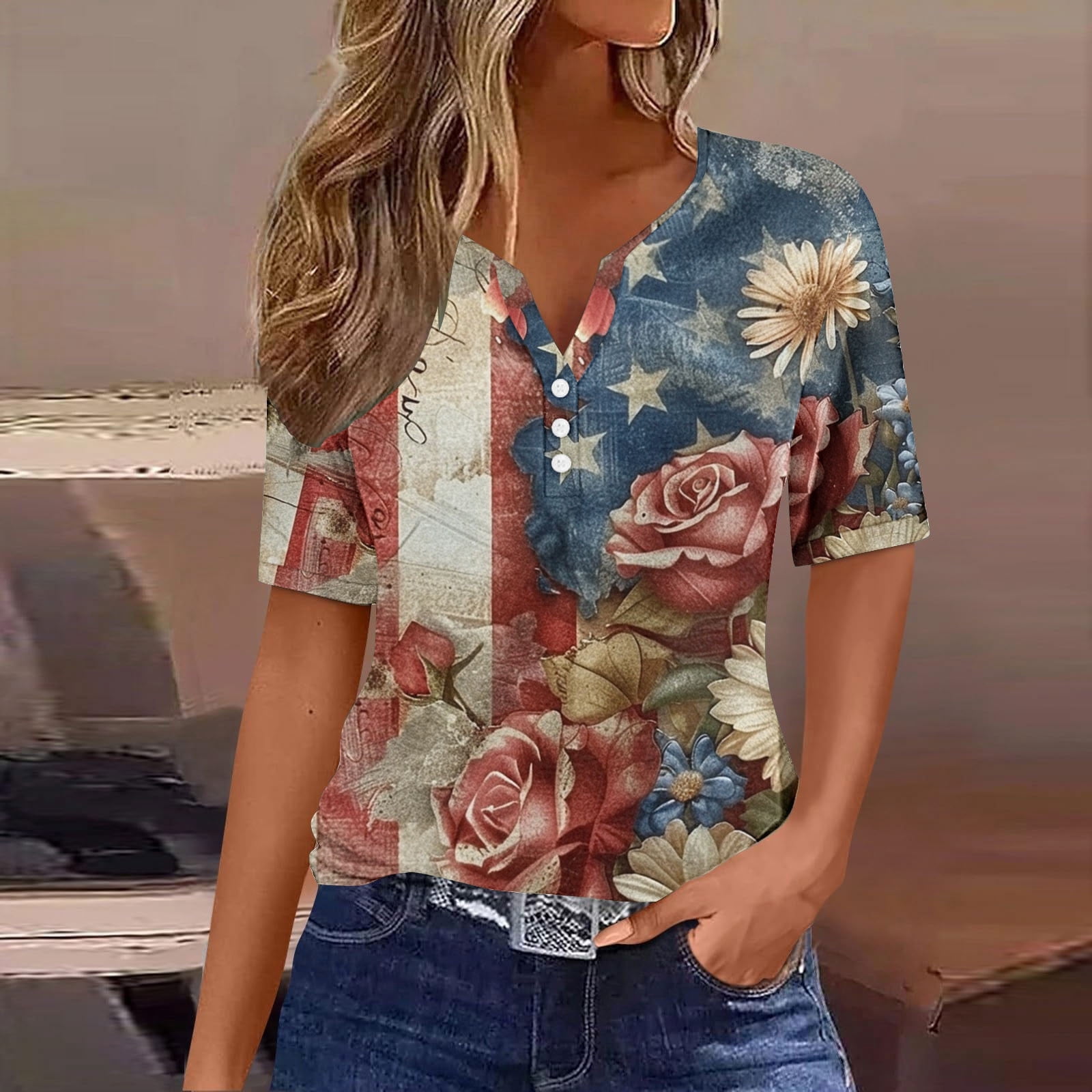 XWSHYW Fourth of July Shirts for Women Loose Fit V Neck USA Flag ...