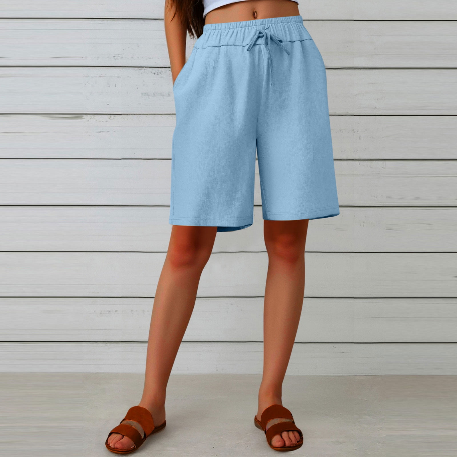 XWSHYW Summer Savings Clearance Women's Shorts Cotton and Linen Solid Color Lightweight Bermuda ...