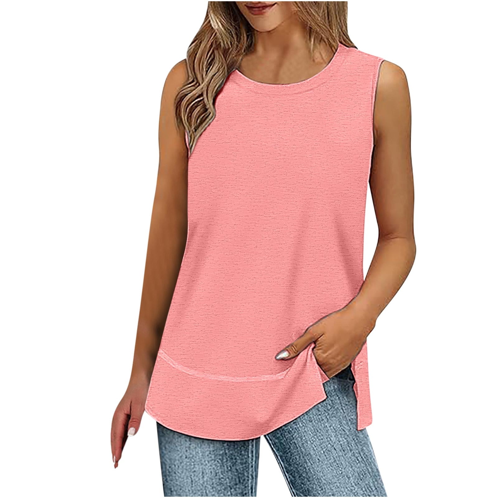 XWSHYW Summer Tanks for Women 2025 Fashion Solid Color Crew Neck Shirts Leisure Loose Fit ...