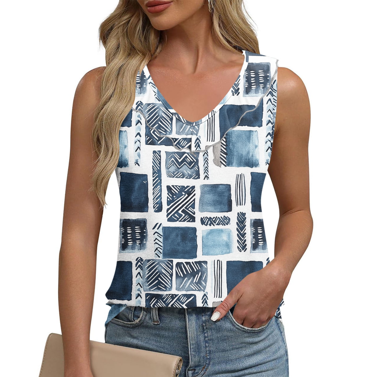 XWSHYW Tank Tops for Women Under $5 Summer Plaid Print V-Neck Camisole Blouses Leisure Loose Fit ...