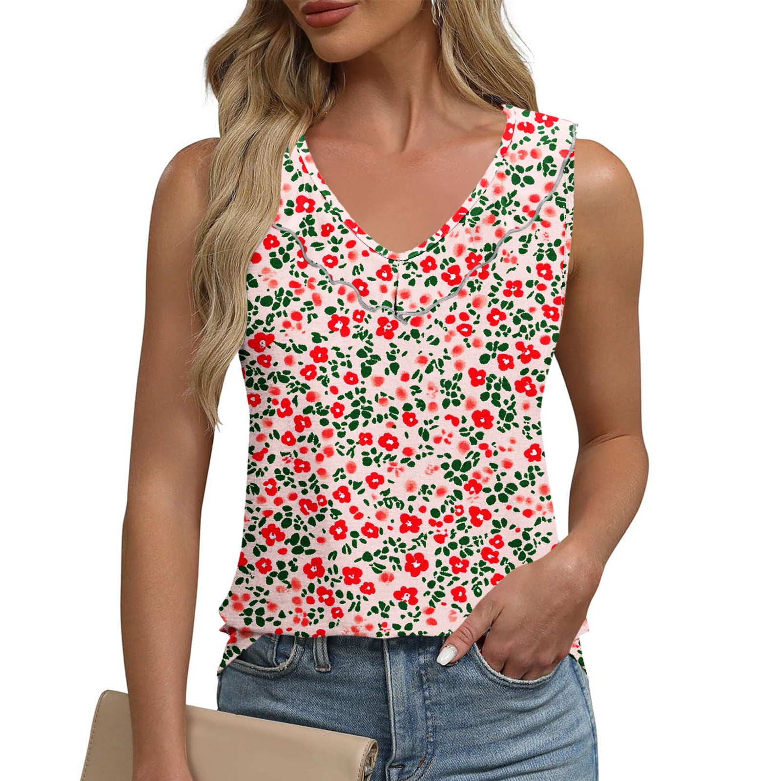 XWSHYW Tops for Women Fashion Floral Print V-Neck Camisole Blouses ...