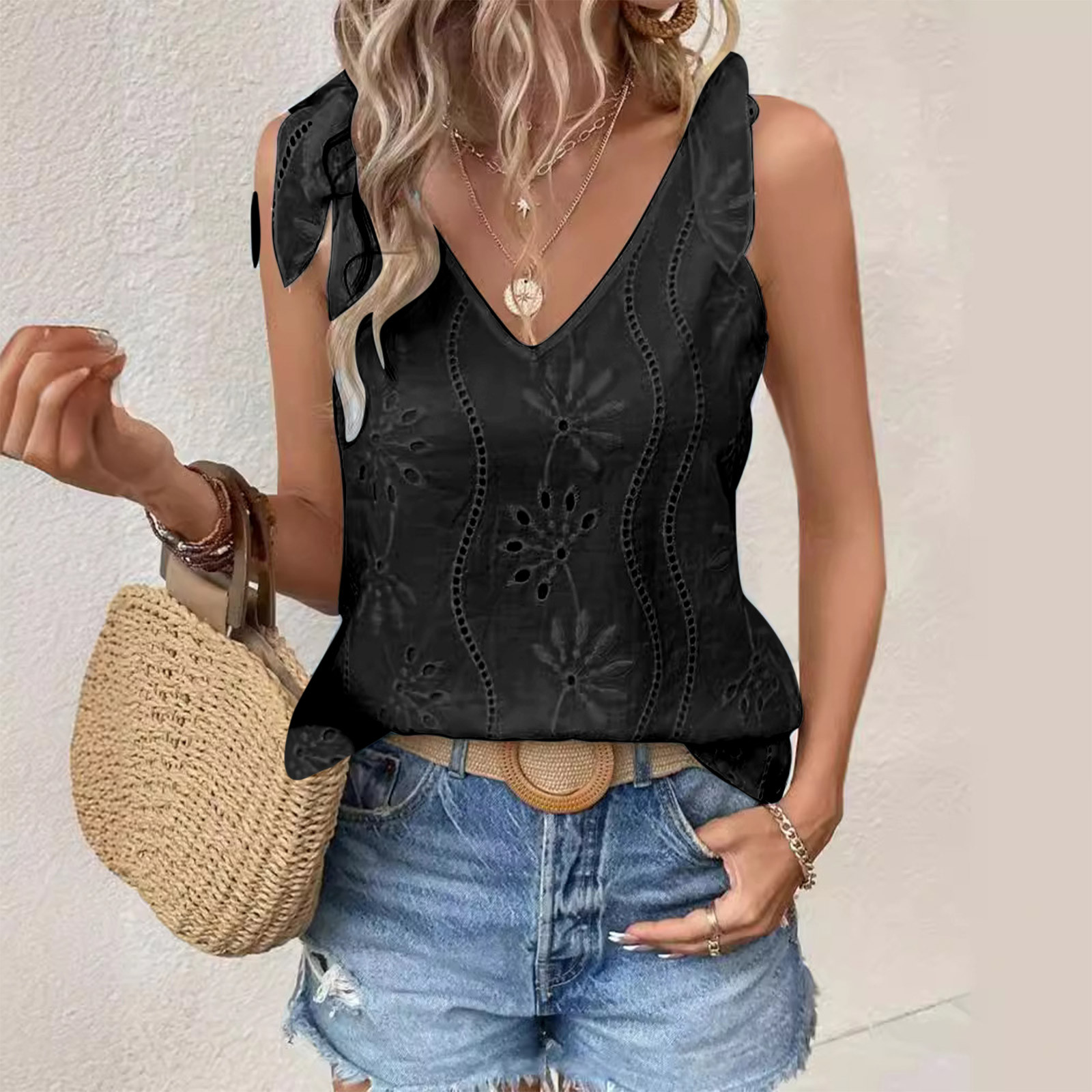 XWSHYW Women Tank Tops Fashion Solid Color V-Neck Camisole Blouses Casual Loose Fit Sleeveless ...