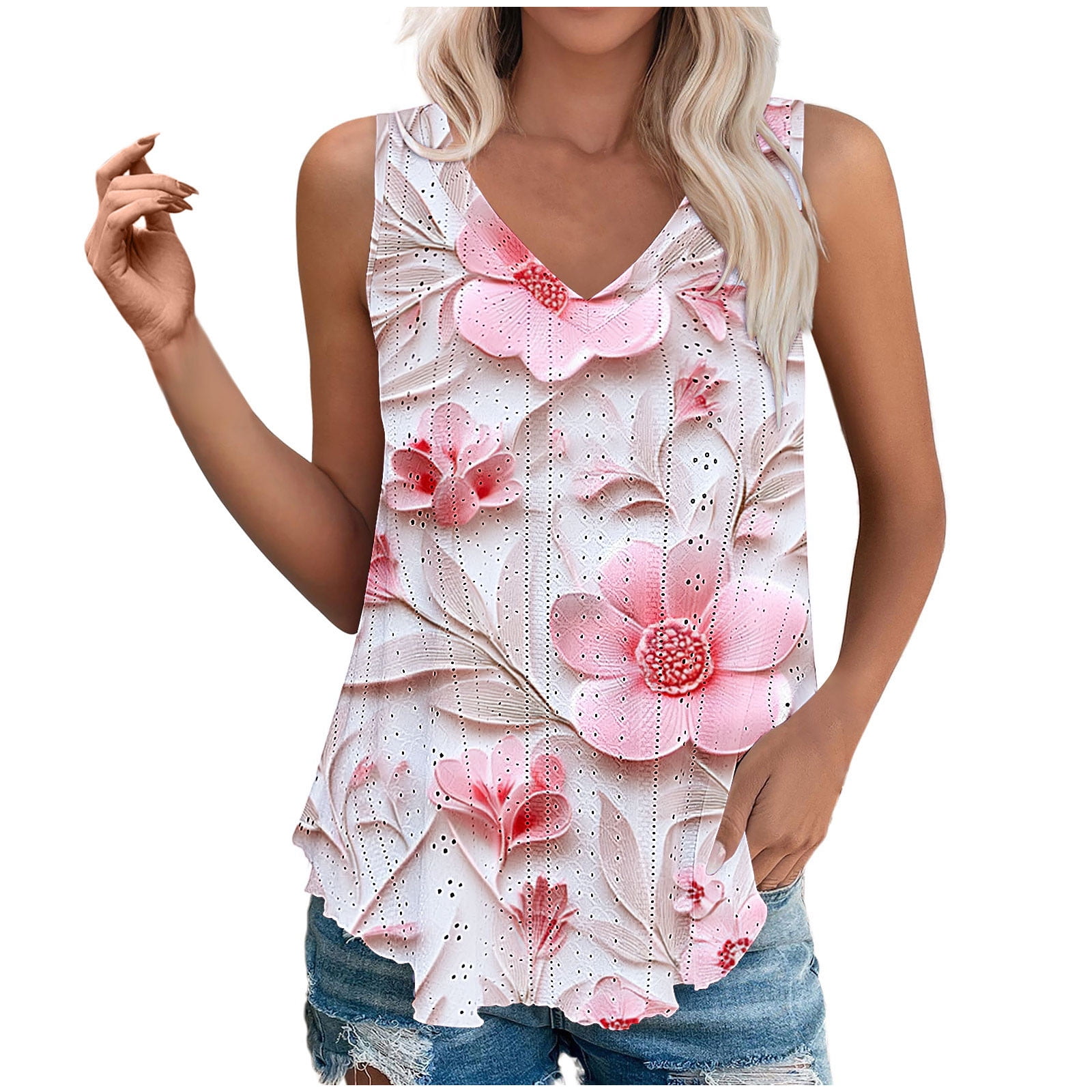 XWSHYW Womens Clothes Clearance Summer Floral Print V-Neck Camisole Blouses Casual Loose Fit ...