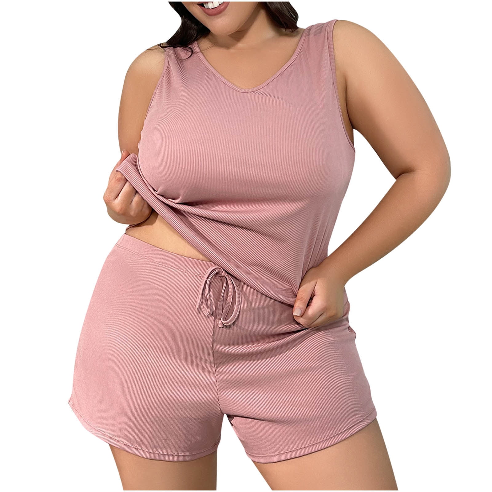 XWSHYW Womens Nightgowns Plus Size Solid Color Casual Pajamas Set ...