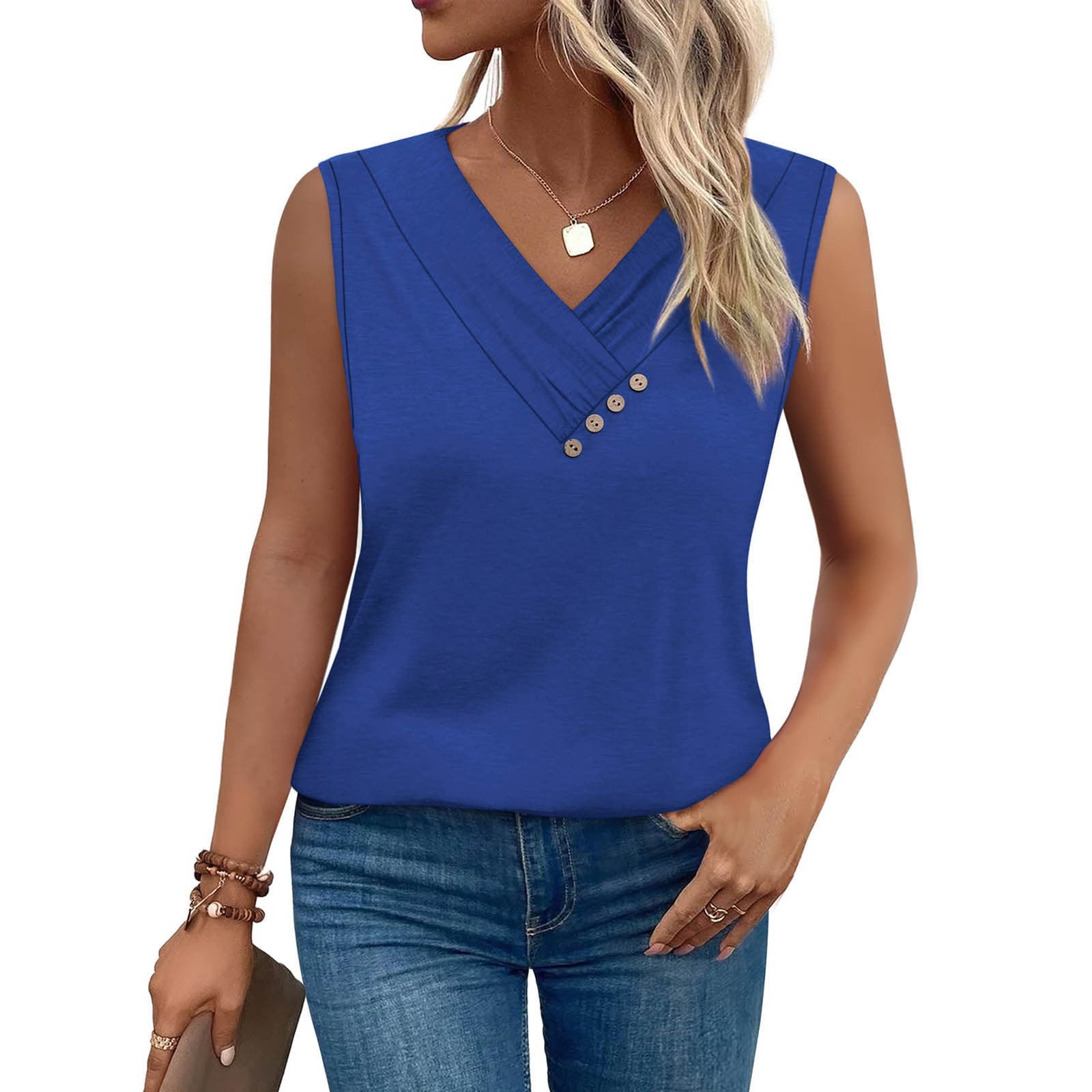 XWSHYW Womens Summer Tops Oversized Blouses Sleeveless Solid Color ...
