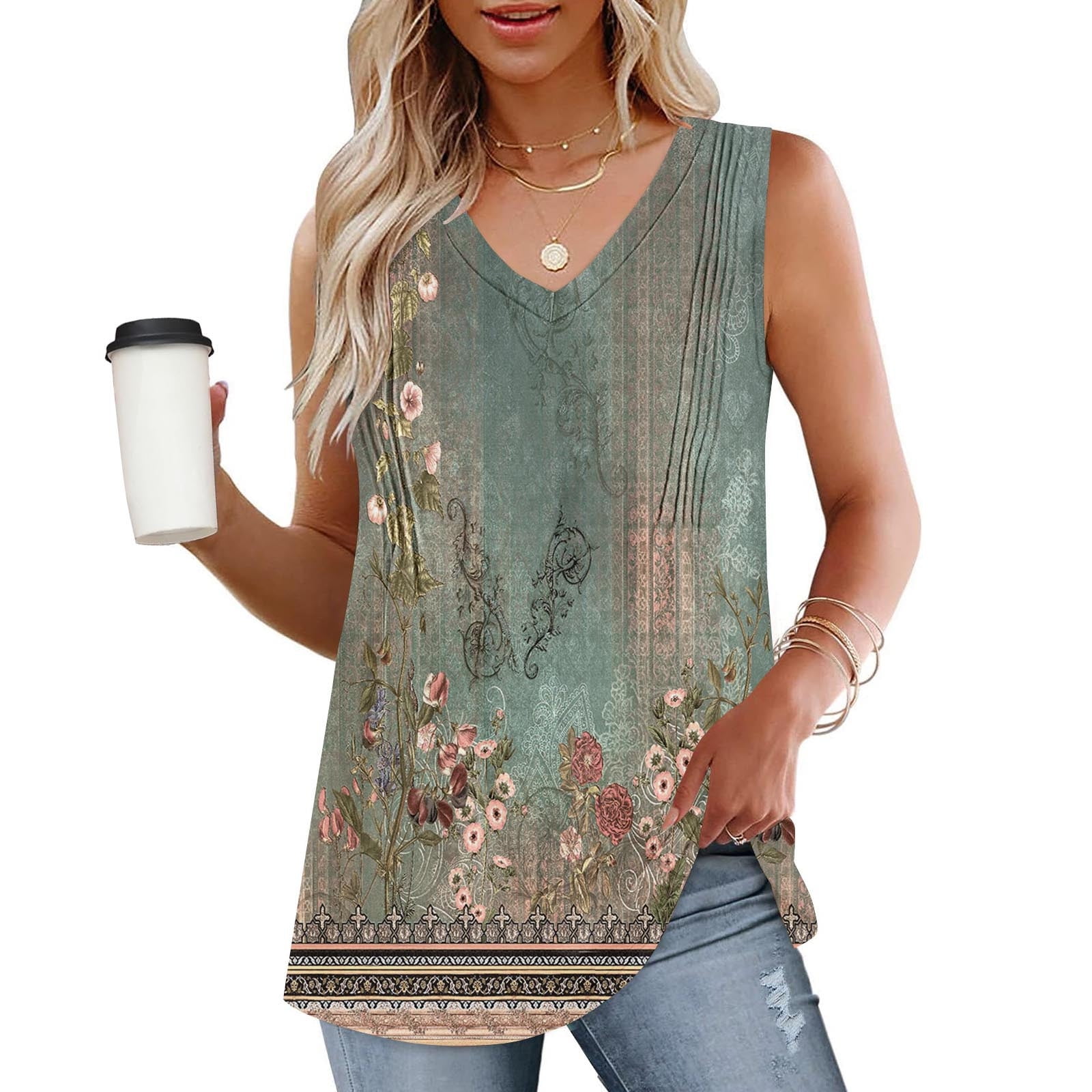 XWSHYW Womens Tank Tops Summer Floral Print V-Neck Shirts Leisure Loose Fit Sleeveless Standard ...