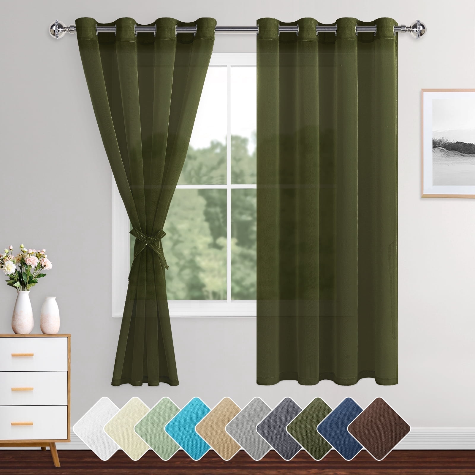 XWZO Army Green Sheer Curtains,72 Inch Length 2 Panels Set with ...