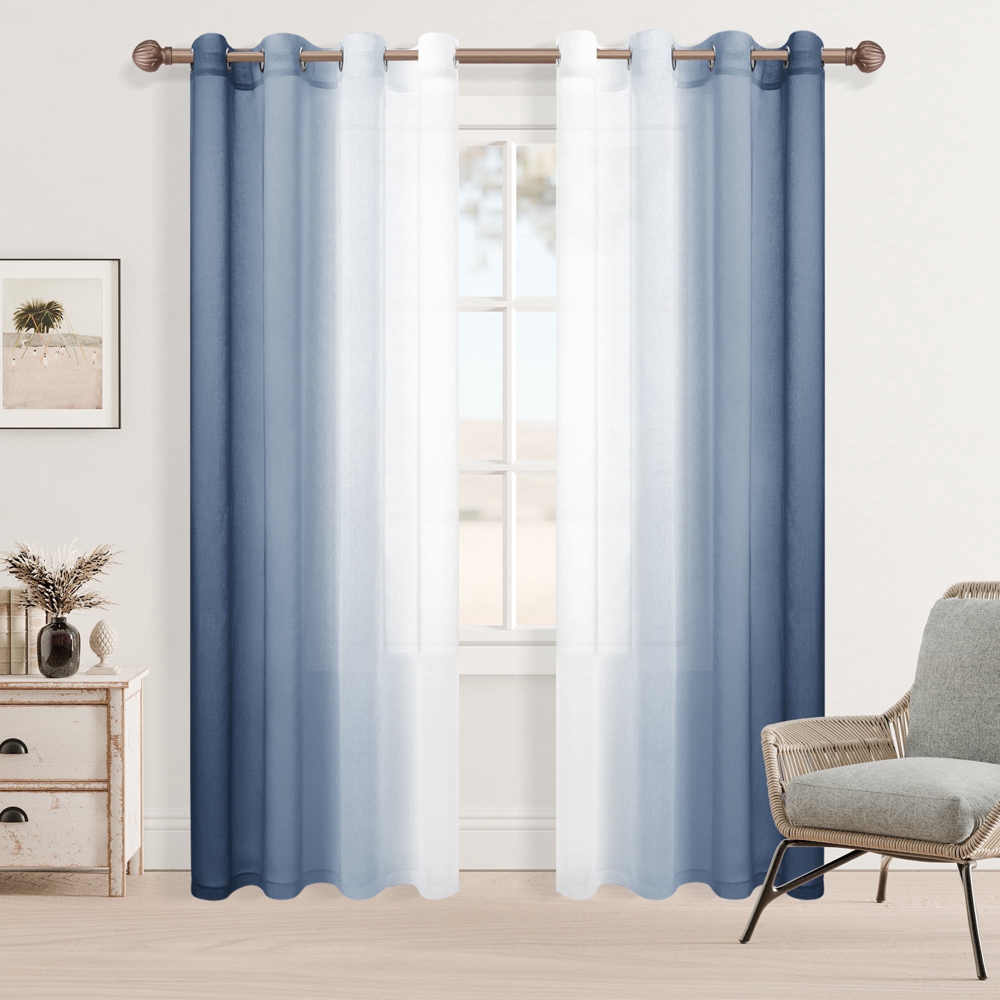 XWZO Blue Sheer Curtains for Bedroom, Light Filtering Faux Linen Semi ...