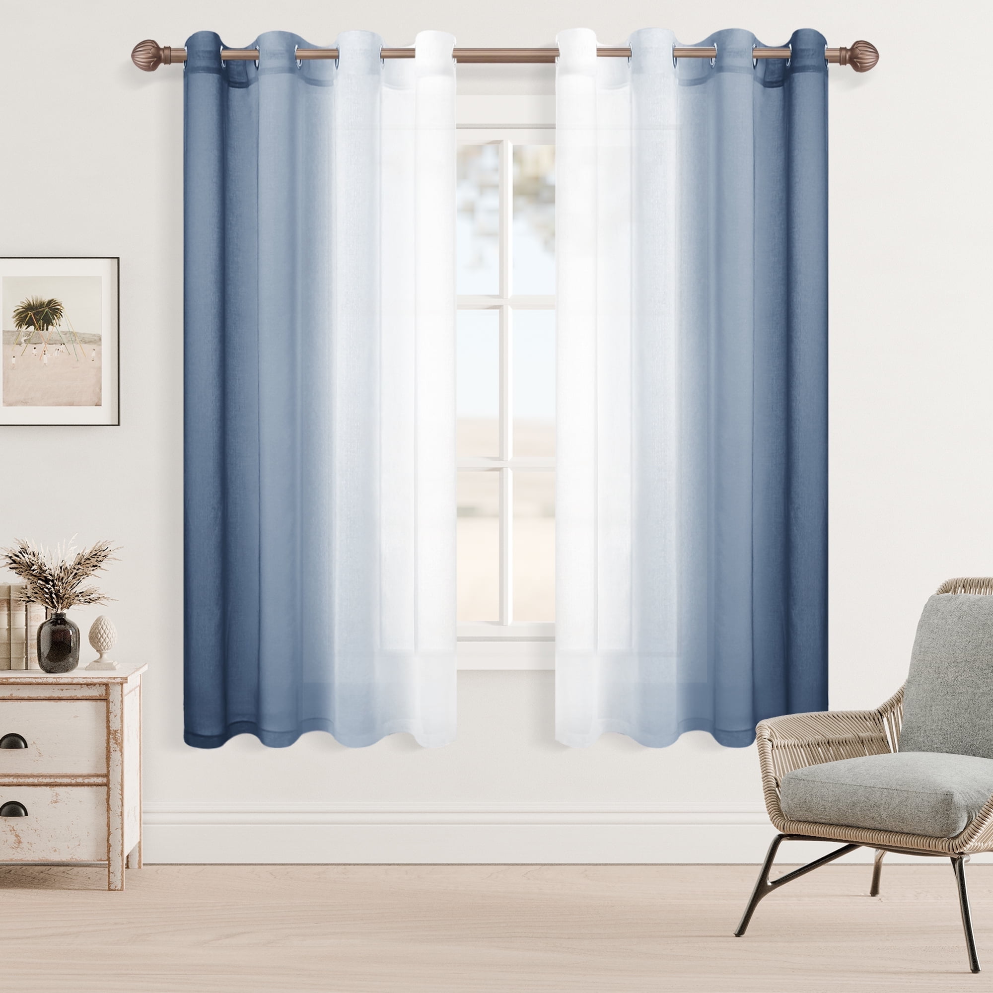 XWZO Blue Sheer Curtains for Bedroom, Light Filtering Faux Linen Semi Sheers, Short Ombre ...