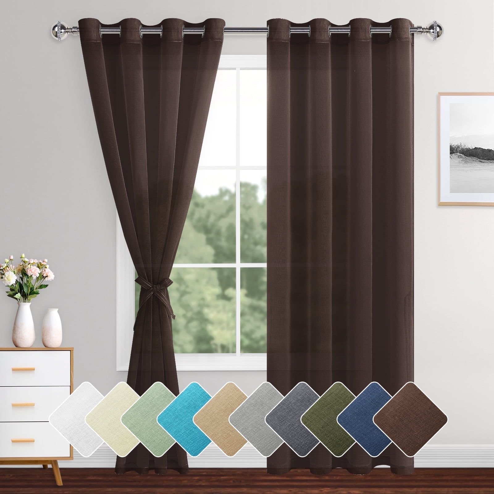XWZO Brown Sheer Curtains,84 Inch Length 2 Panels Set with Tiebacks ...