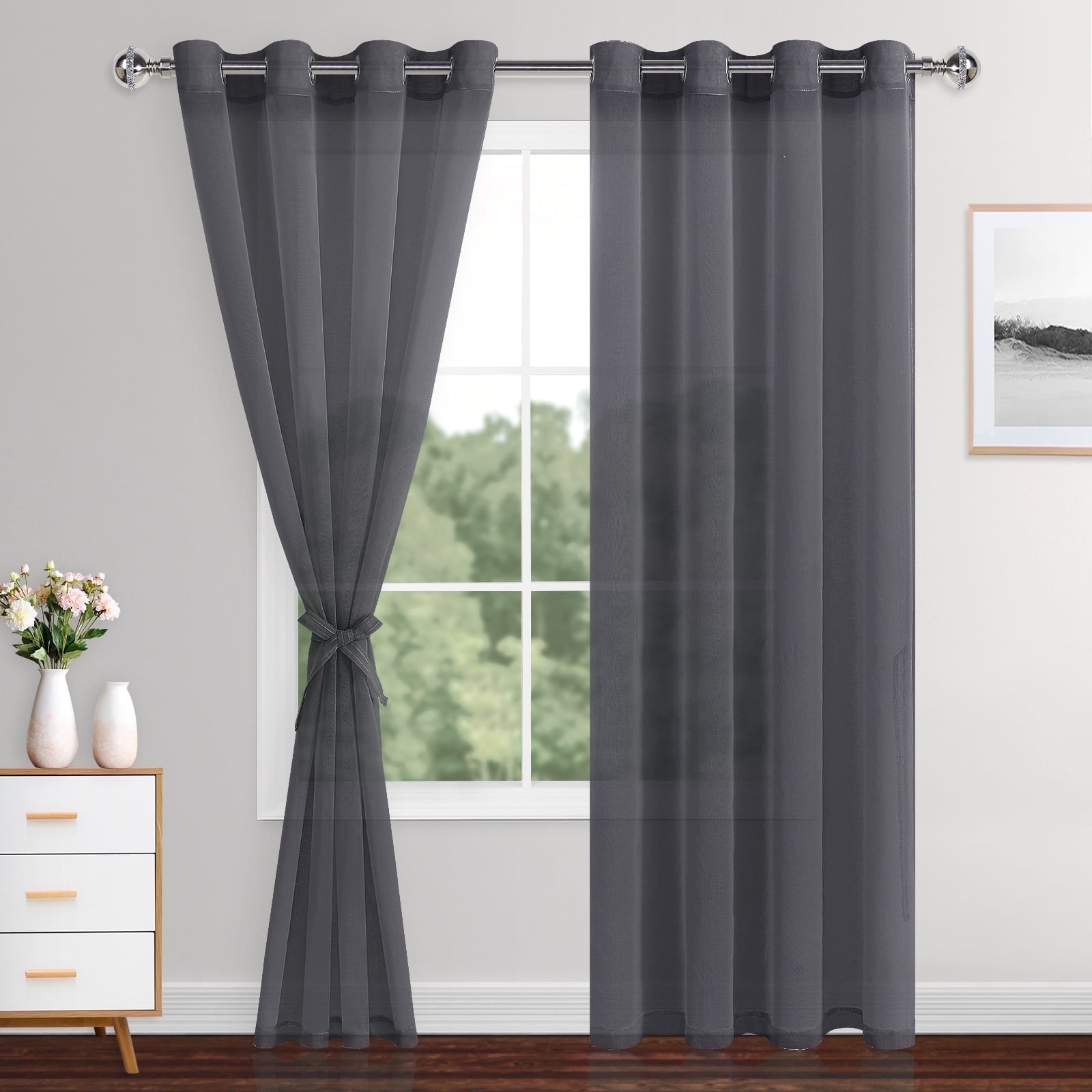 XWZO Dark Gray Sheer Curtains, 84 Inch Length 2 Panels Set with Tiebacks, Grommet Semi ...