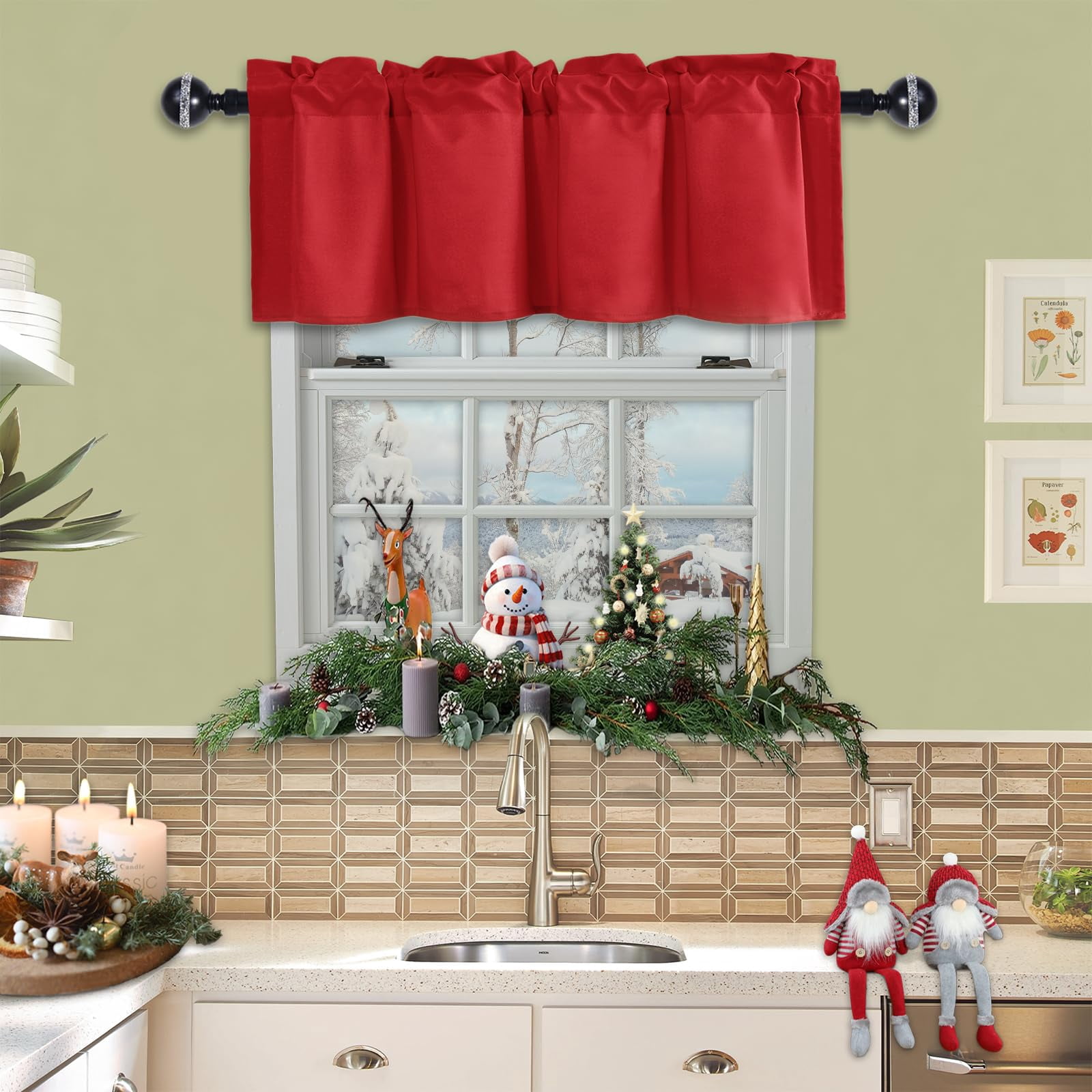 XWZO Farmhouse Red Valance Curtain for Kitchen, Room Darkening Rod ...
