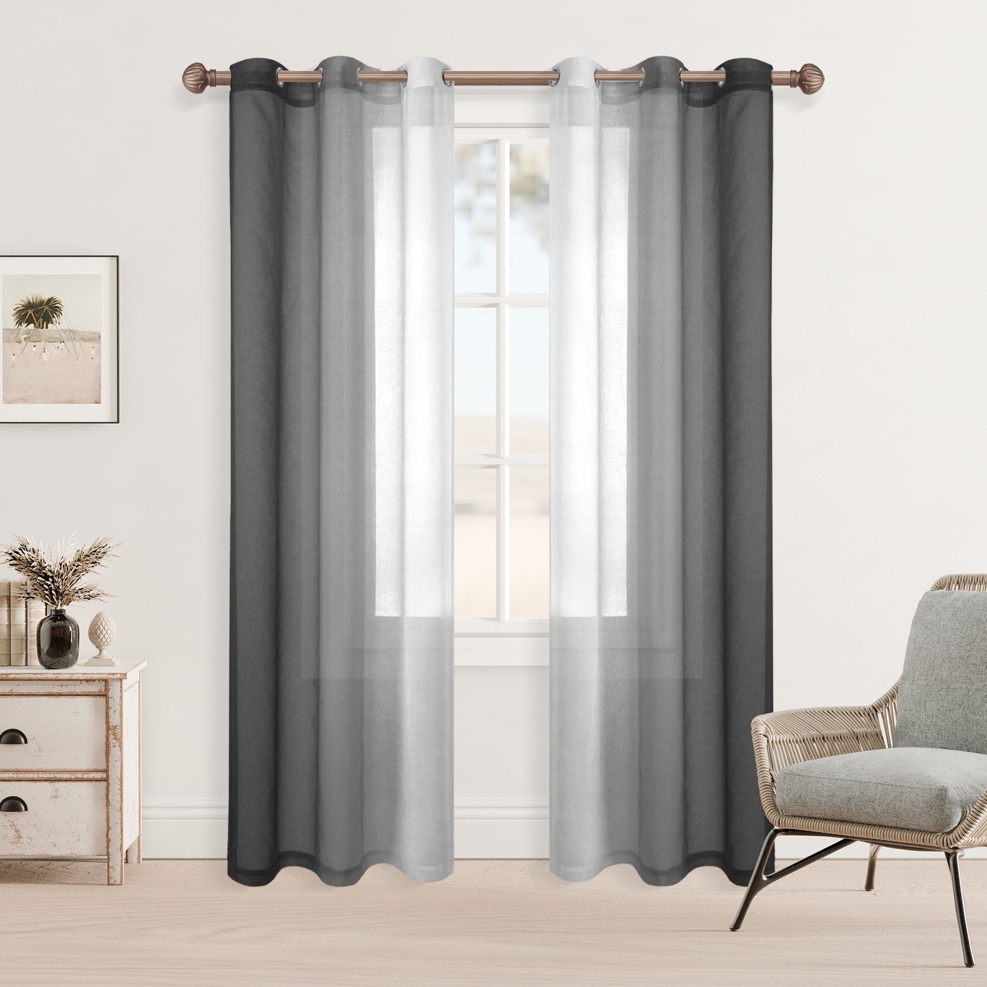 XWZO Faux Linen Sheer Curtains 84 inches Set of 2, Gradient Semi Sheer ...