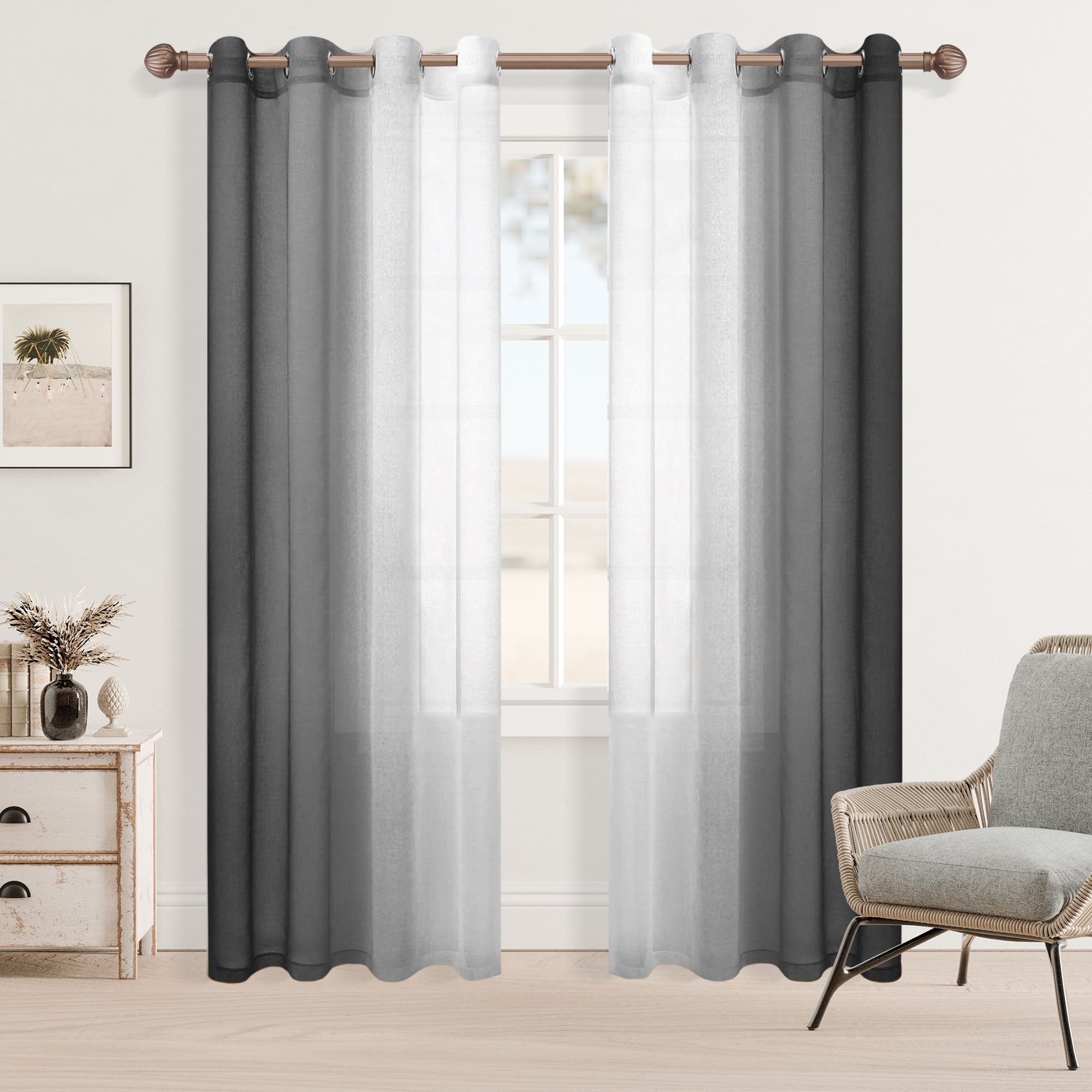 XWZO Faux Linen Sheer Curtains Set of 2, Gradient Semi Sheer Grommet Top Drapes for Bedroom and ...