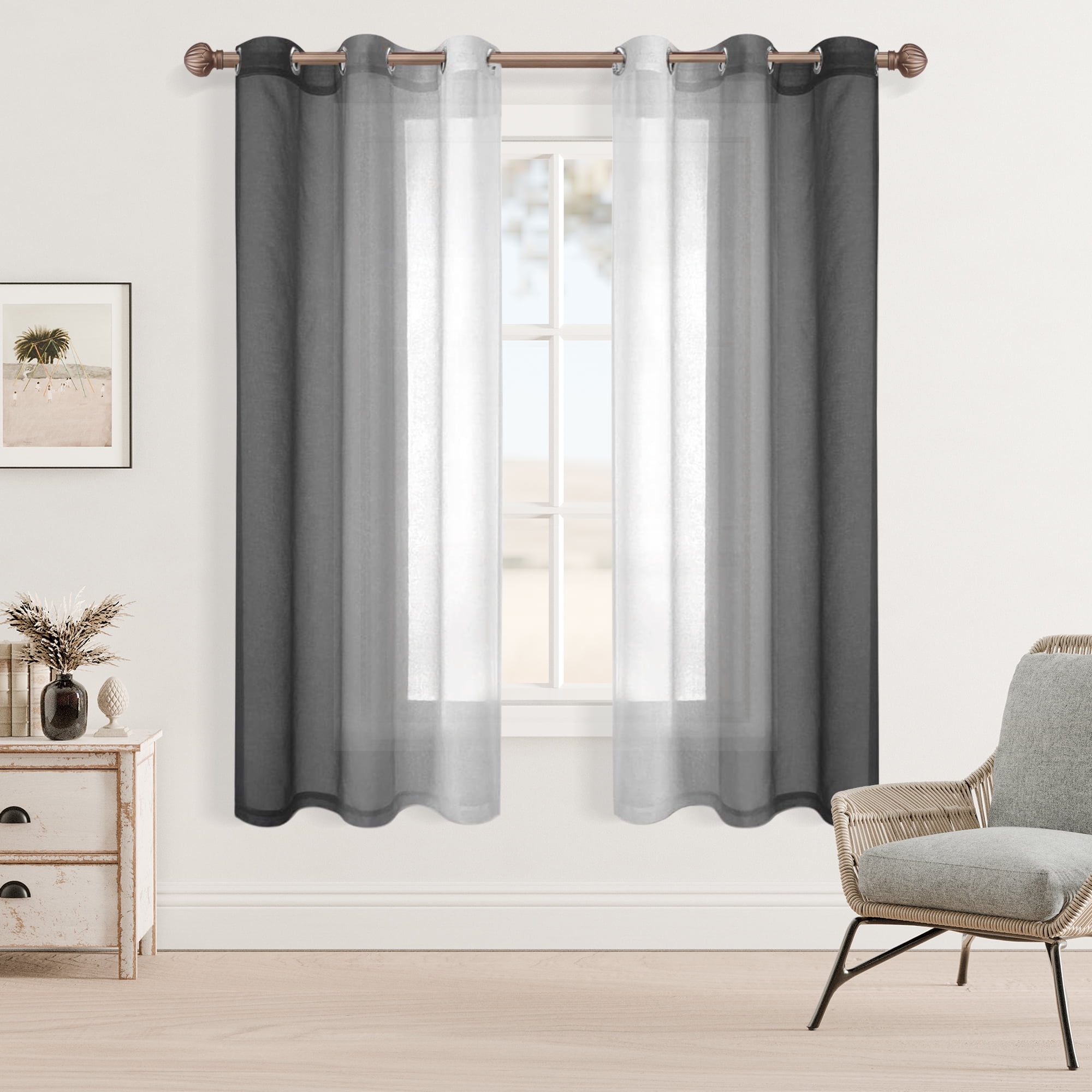 XWZO Faux Linen Sheer Curtains Set of 2, Gradient Semi Sheer Grommet Top Drapes for Bedroom and ...