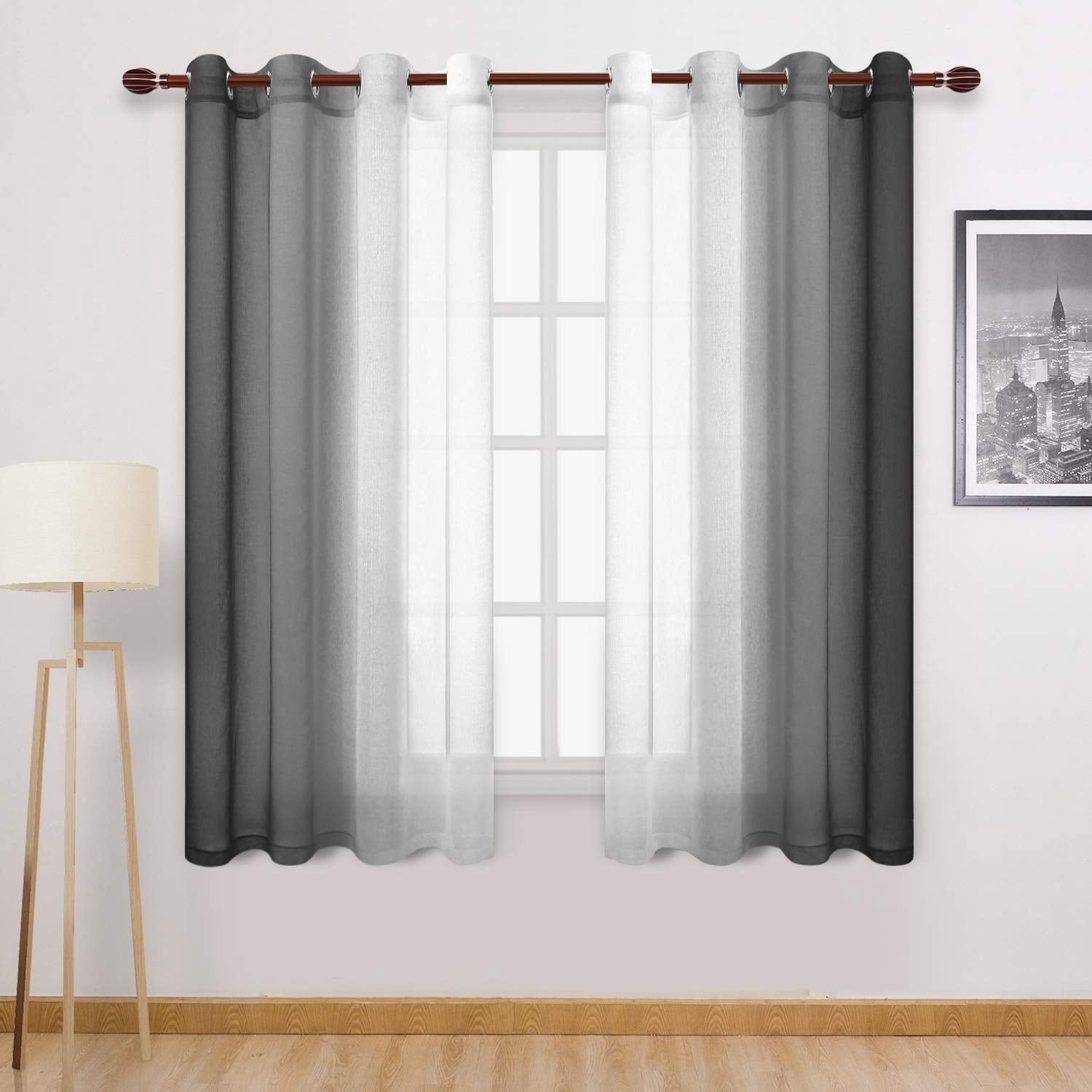 XWZO Faux Linen Sheer Curtains Set of 2, Gradient Semi Sheer Grommet ...