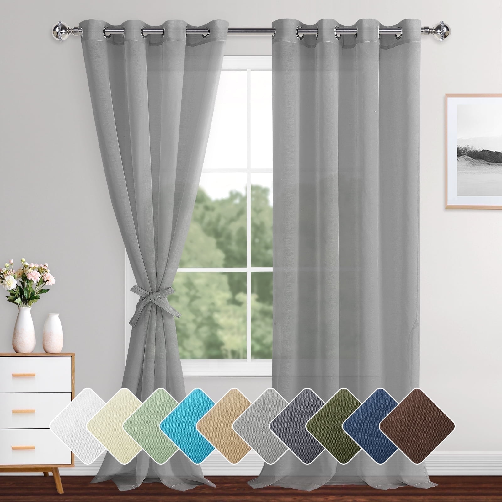 XWZO Gray Sheer Curtains, 72 Inch Length 2 Panels Set with Tiebacks, Grommet Semi Transparent ...