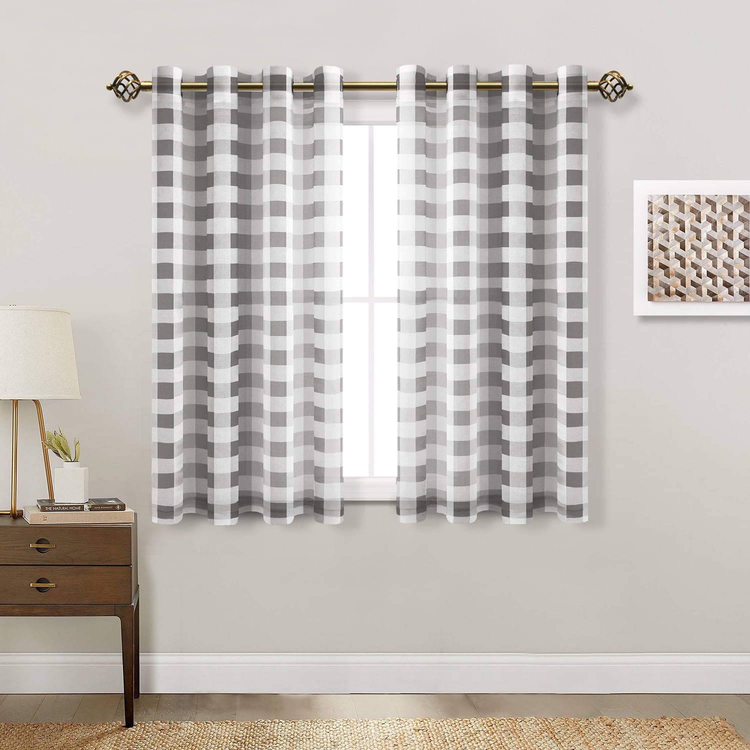 XWZO Gray and White Buffalo Checkered Sheer Curtains for Living Room, Farmhouse Light Filtering ...