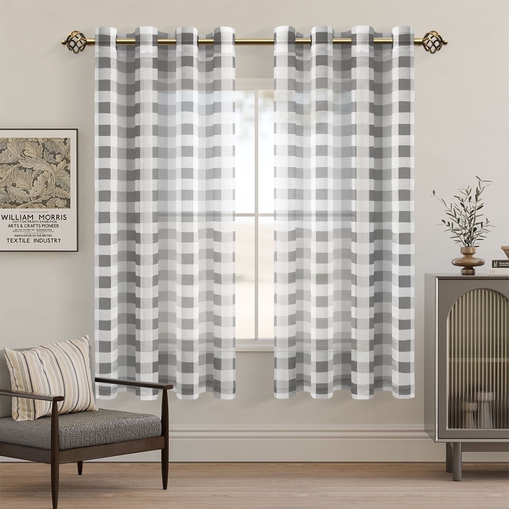 XWZO Gray Checkered Sheer Curtains 63 Inch for Bedroom, Short Kitchen ...