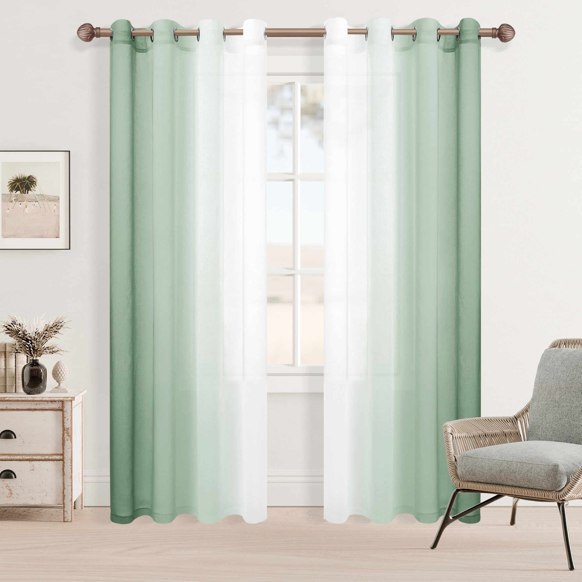 XWZO Green Sheer Curtains Set of 2, Gradient Semi Sheer for Living Room ...