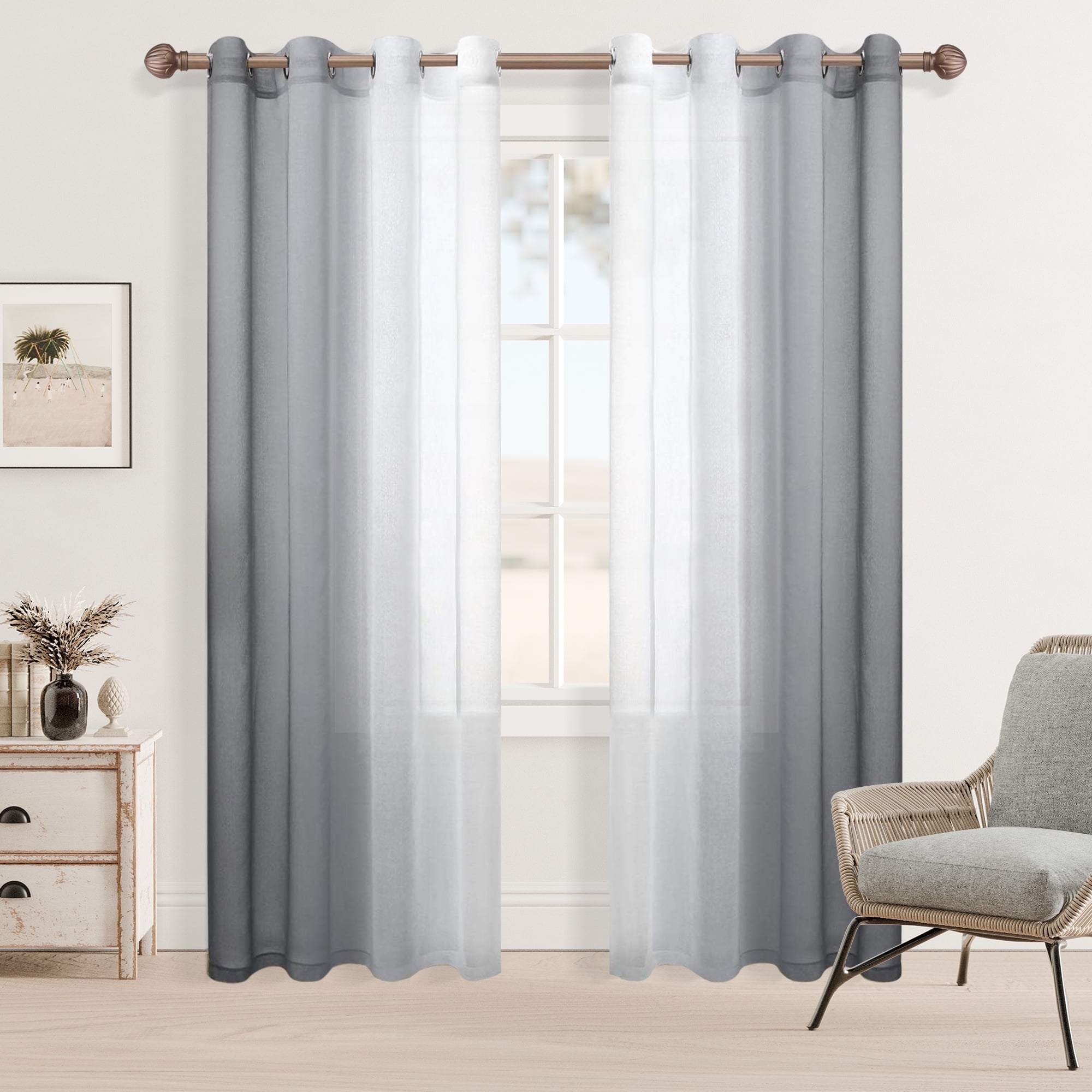 XWZO Sheer Curtains 84 Inch Long Set of 2, Faux Linen Gradient Gray ...