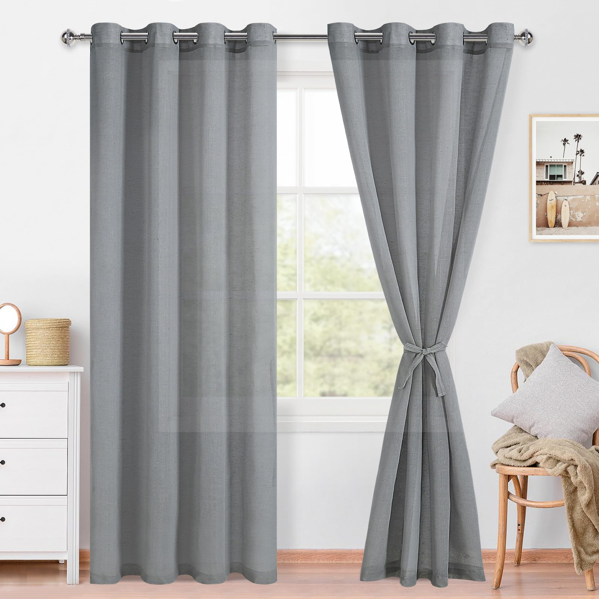 XWZO Grey Linen Sheer Curtains for Bedroom, Light Filtering Grommet Semi Sheer Curtains for ...