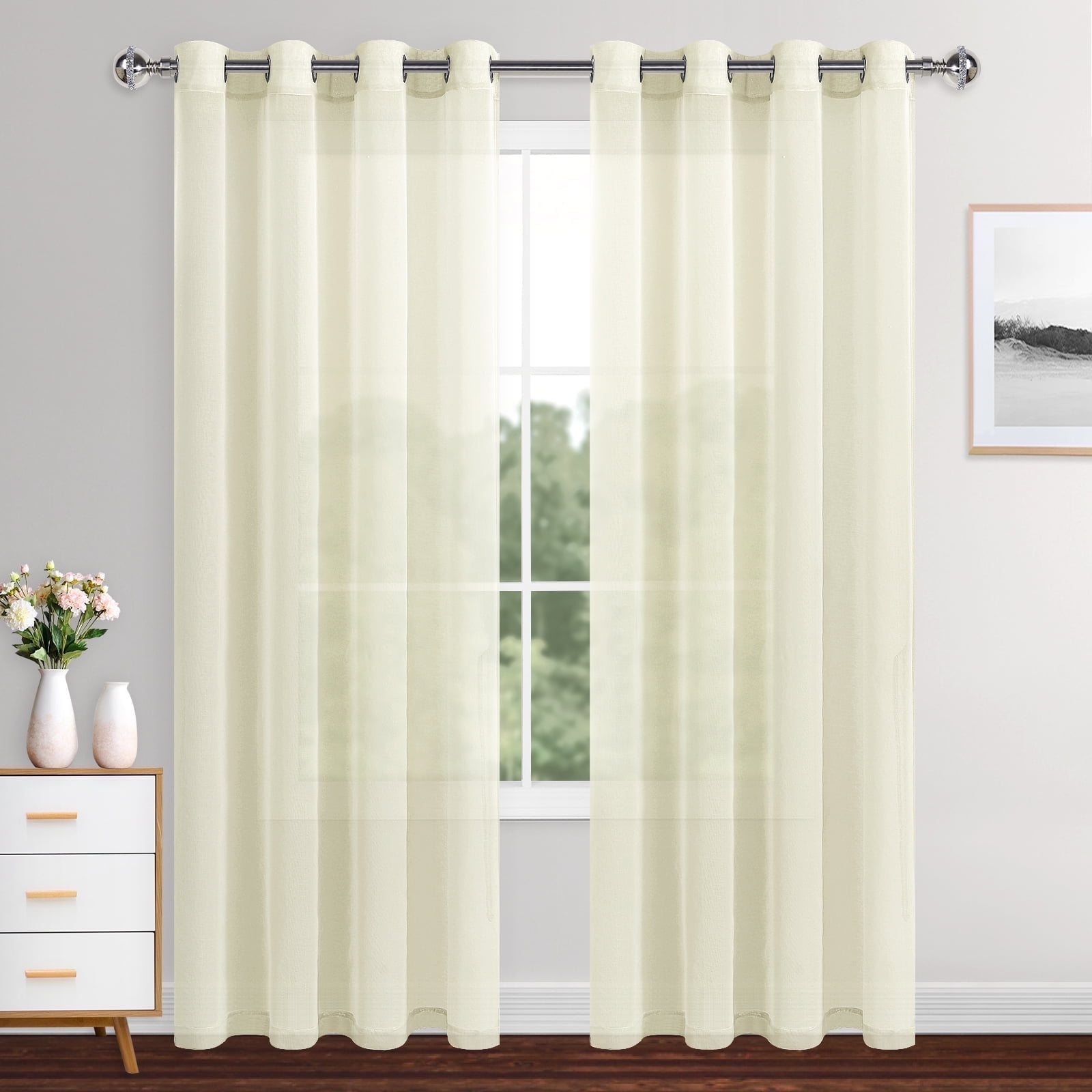 XWZO Cream Sheer Curtains, 84 inches Length 2 Panels Set with Tiebacks, Grommet Semi Transparent ...